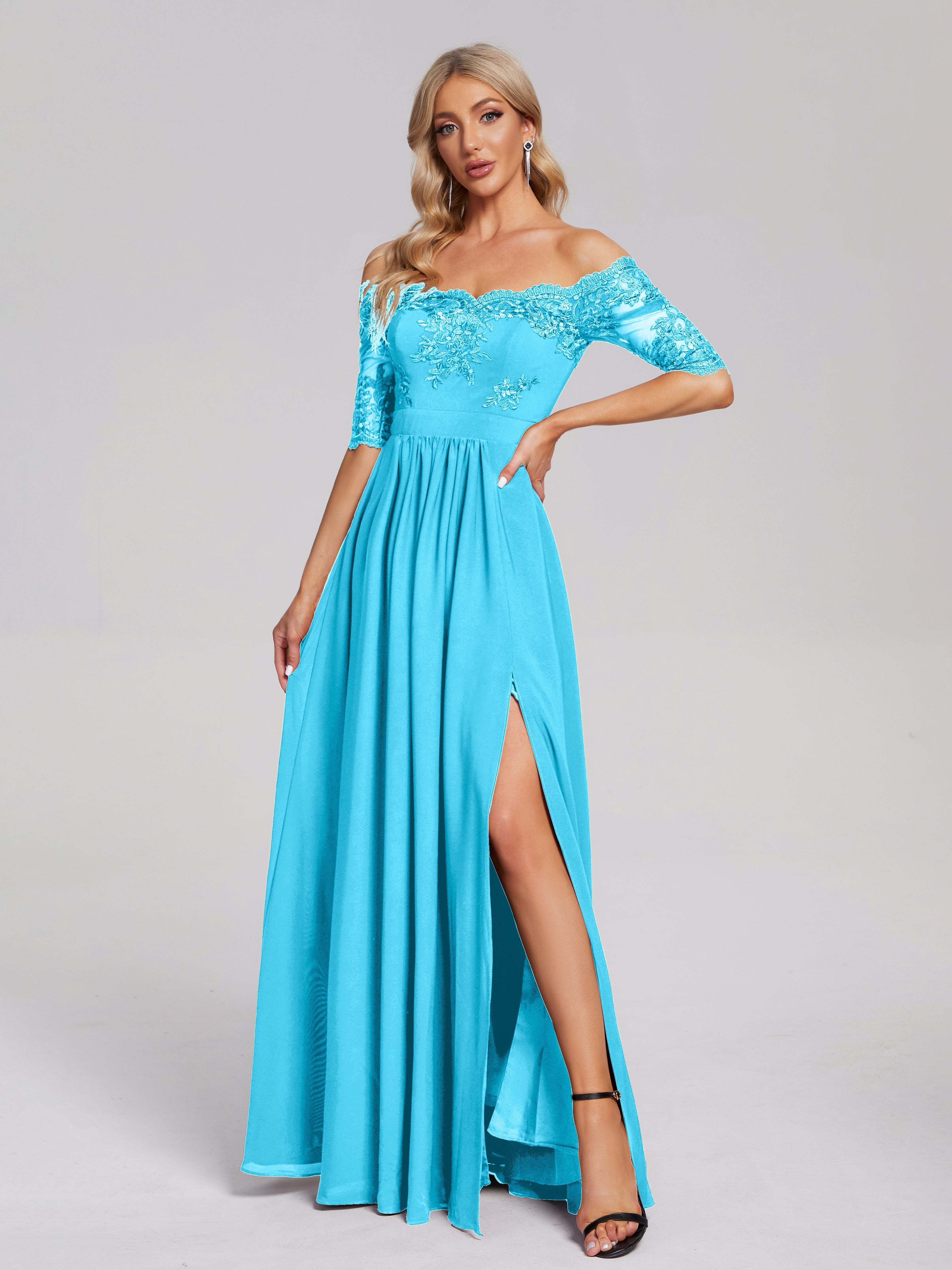 Pool Blue Bridesmaid Dresses Uk Keira Off The Shoulder Lace/Chiffon Br