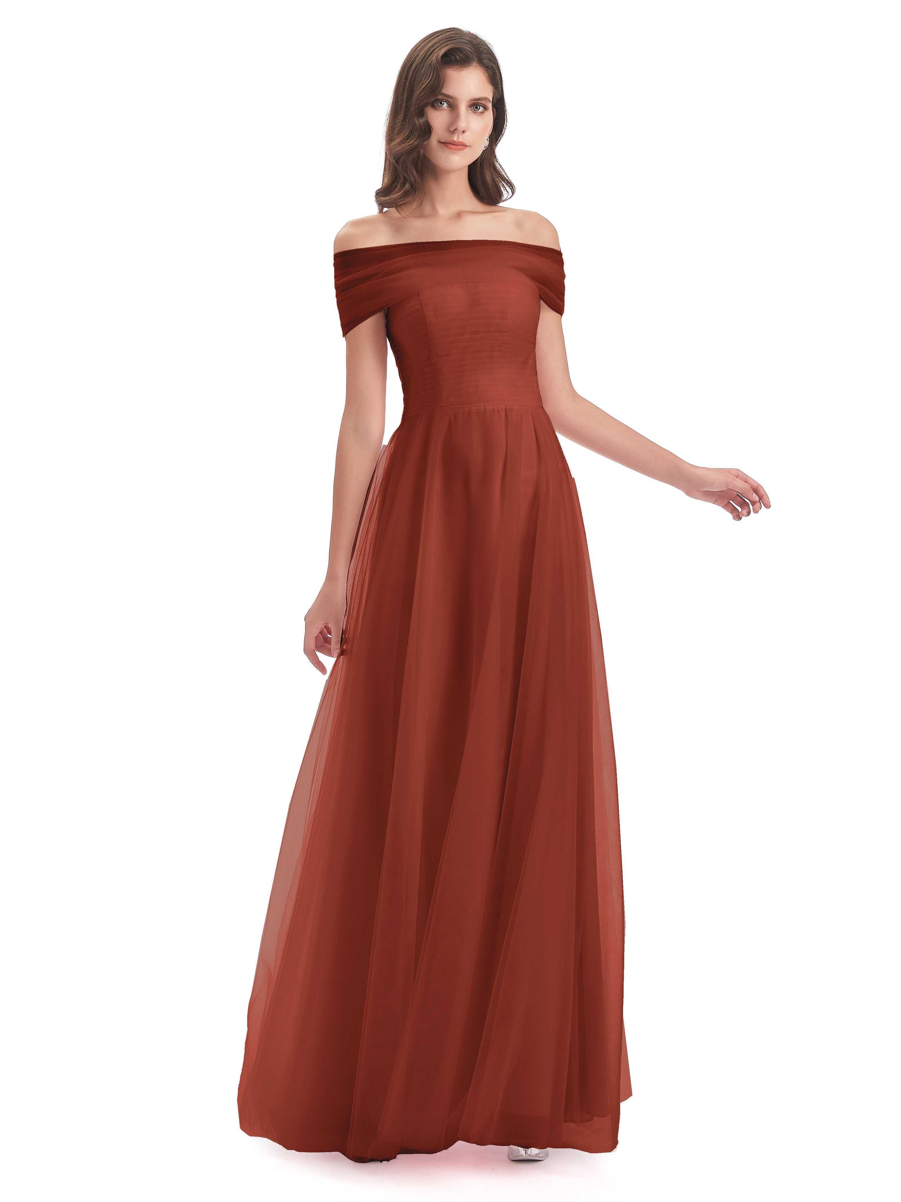 Bridesmaid Rust Dresses Sylvie Off The Shoulder Flowy Long Tulle/Chiff
