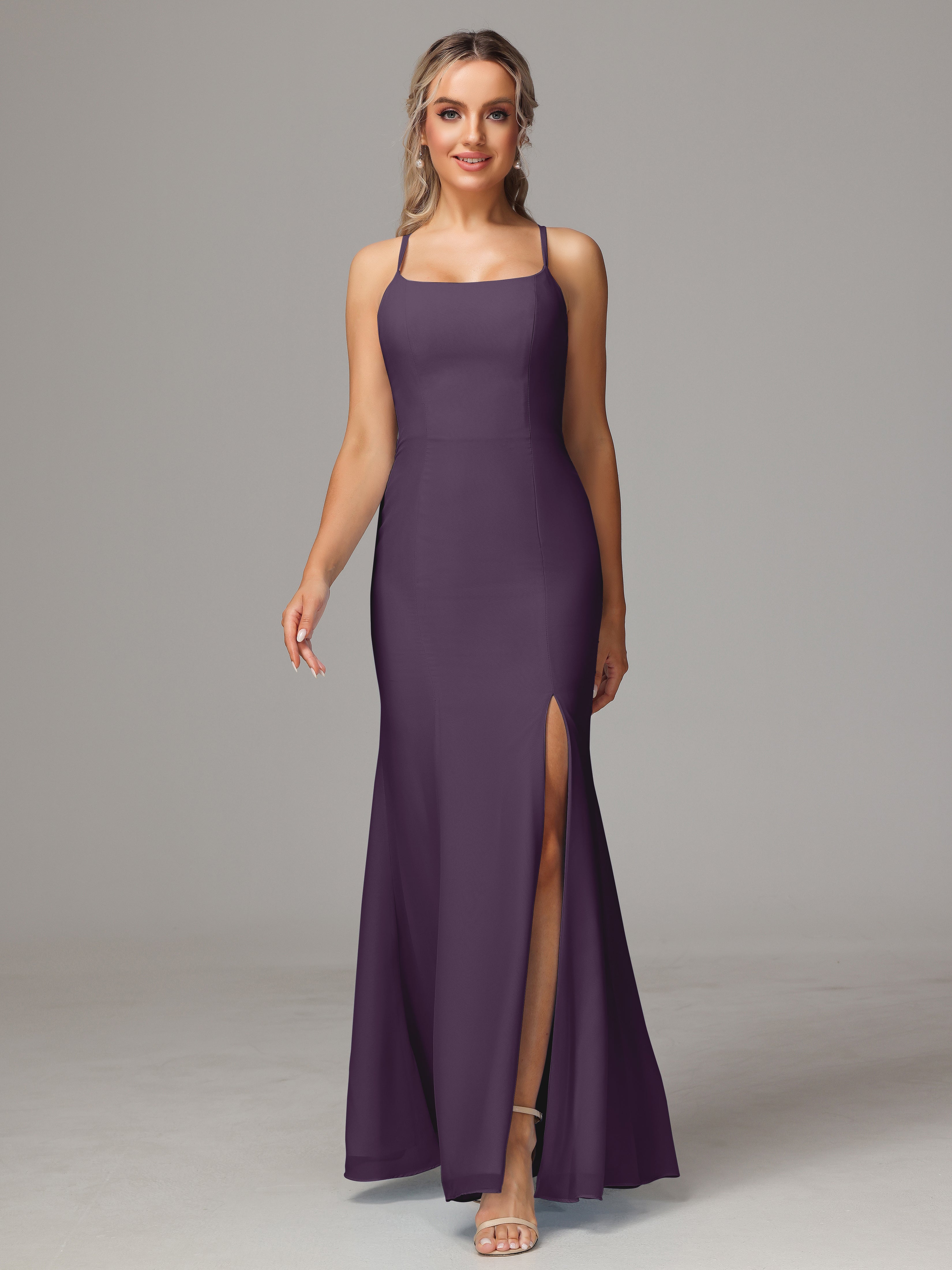 Plum Coloured Bridesmaid Dresses Sheath/Column Spaghetti Straps Chiffo
