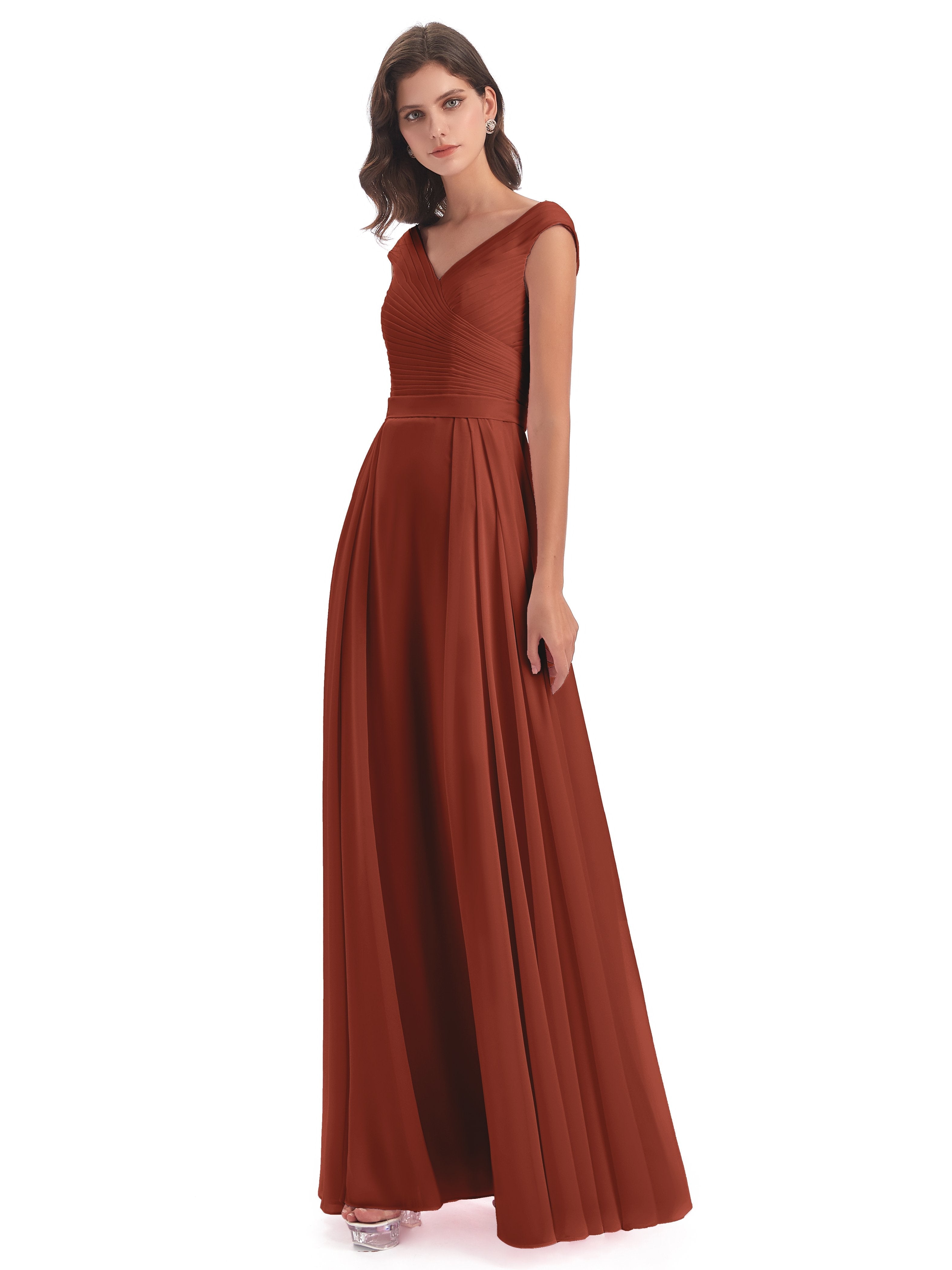 Rust Bridesmaid Dress Uk Beautiful Chiffon A-Line V-Neck Long Bridesma