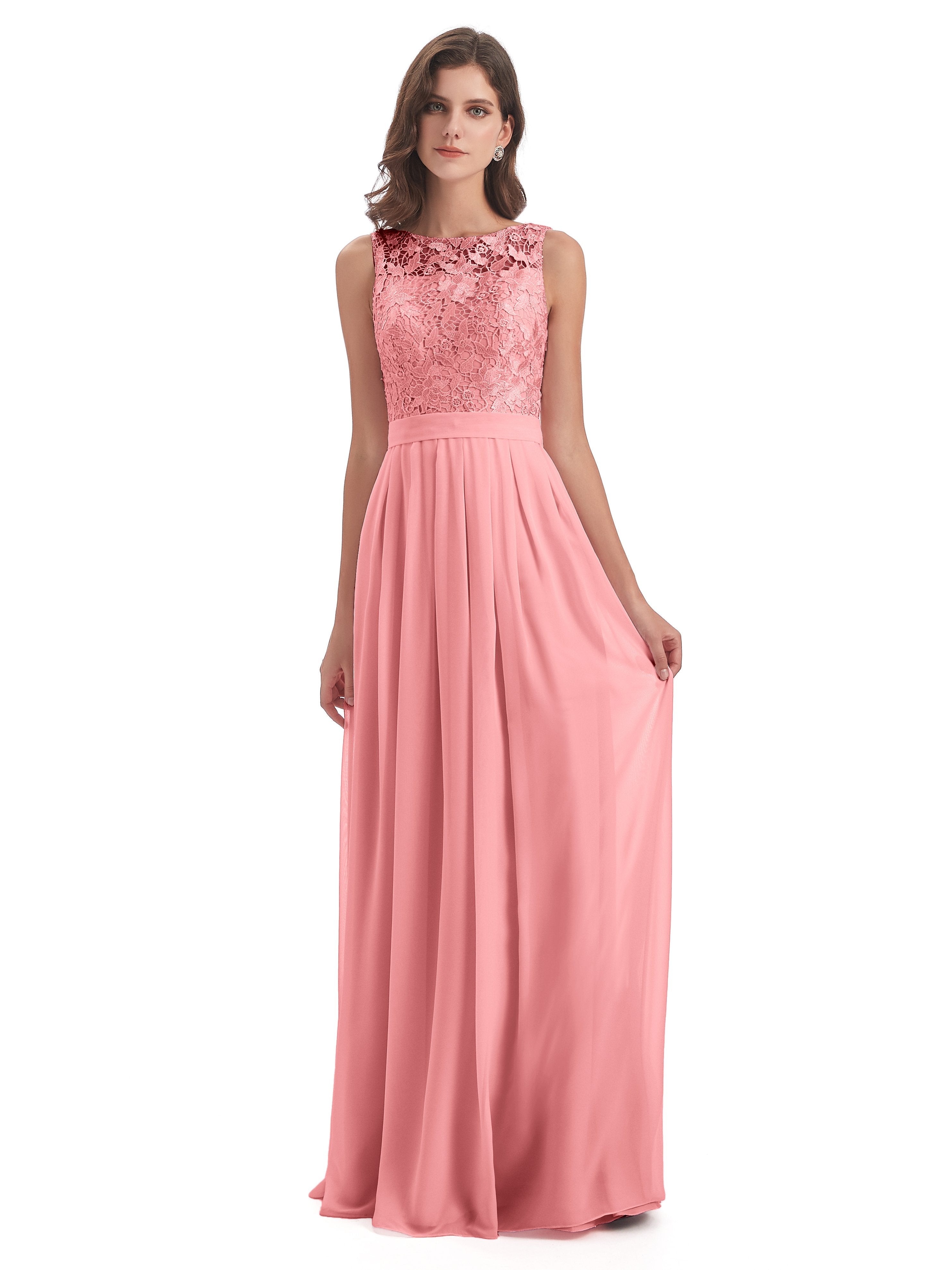 Flamingo Pink Bridesmaid Dresses Illusion Floor-Length Lace/Chiffon Br