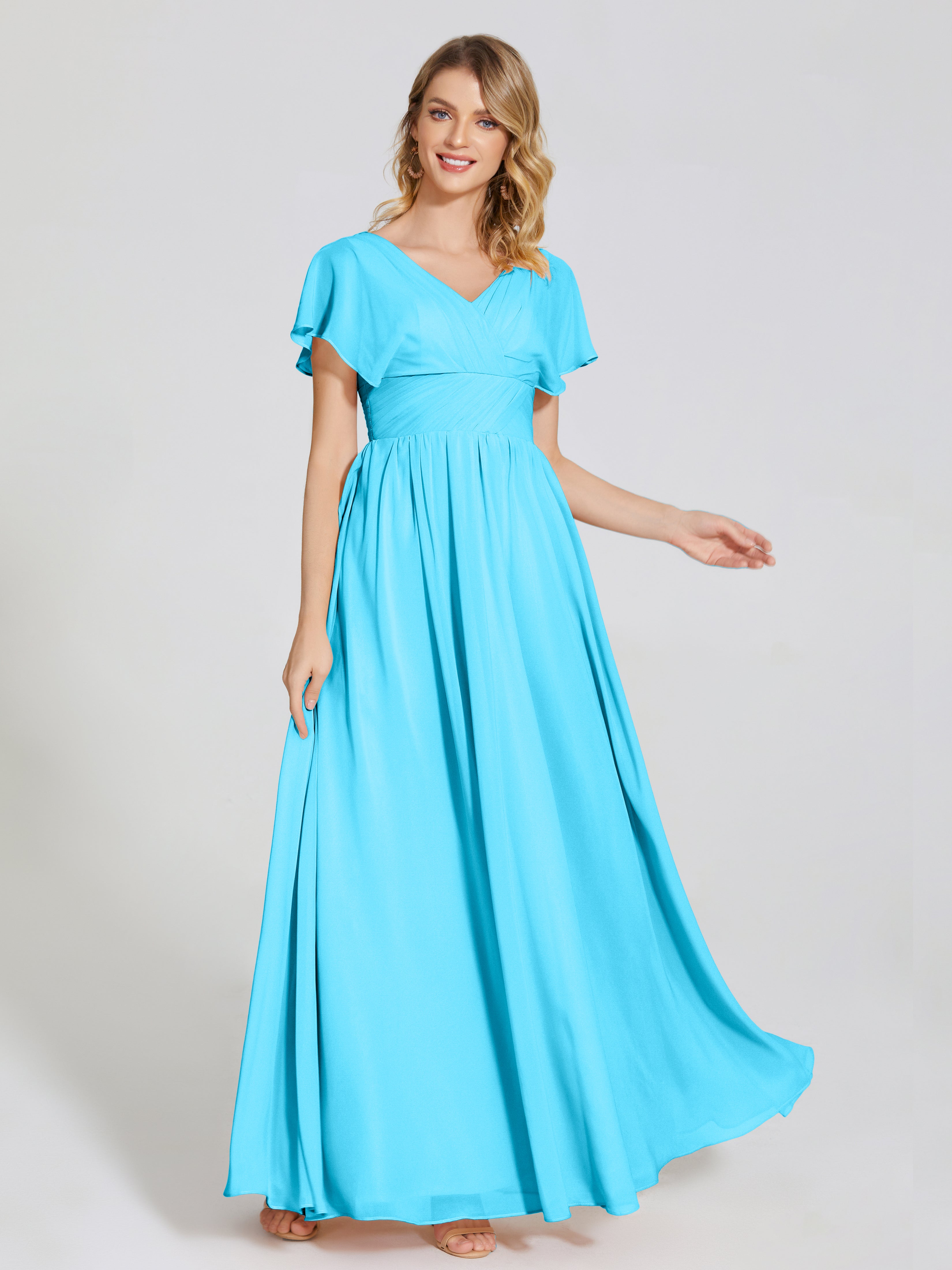Pool Blue Bridesmaid Dresses Malia Flowy Cap Sleeves Bridesmaid Dresse