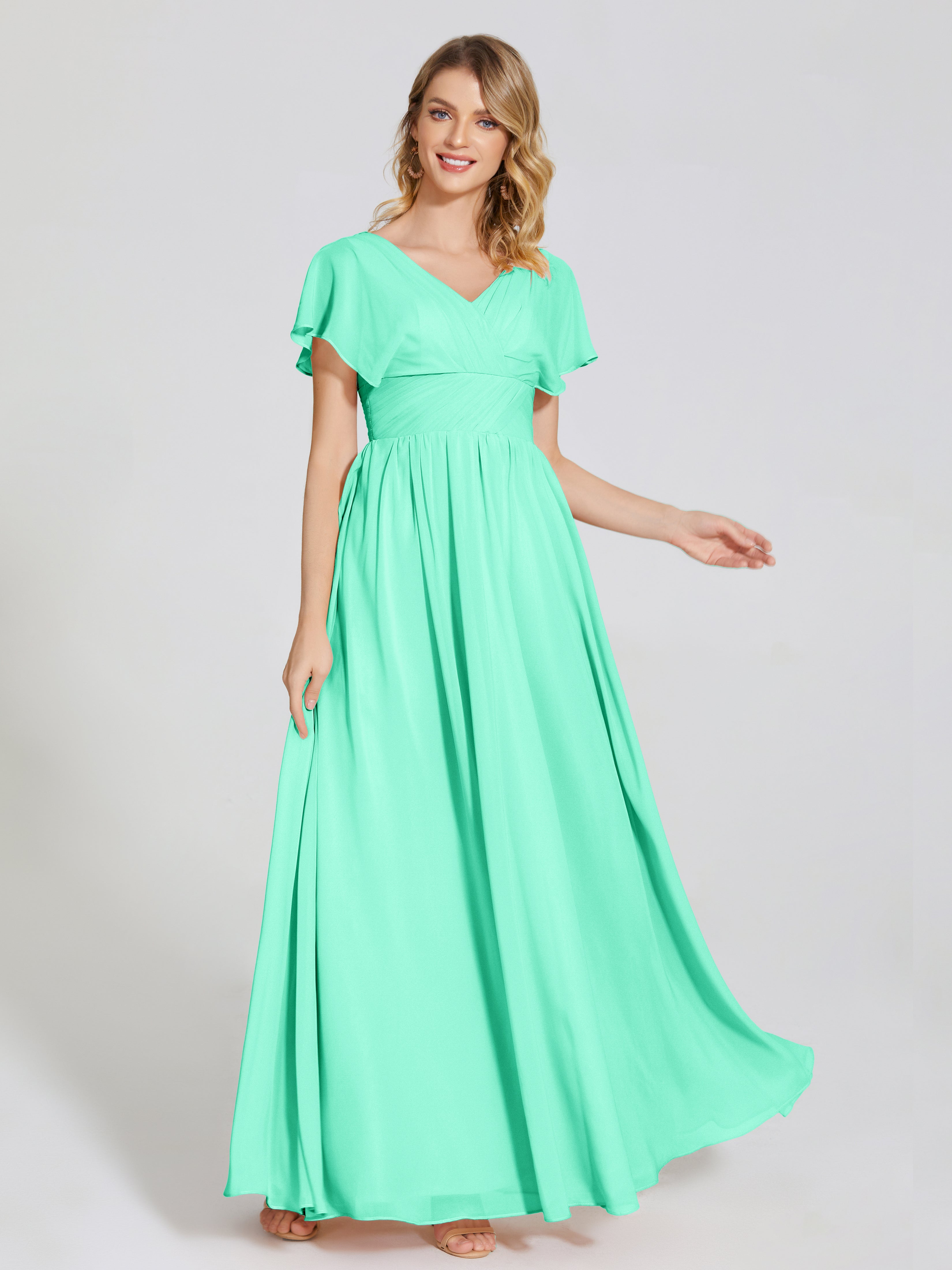 Turquoise Bridesmaid Dresses With Sleeves Malia Flowy Cap Sleeves Brid