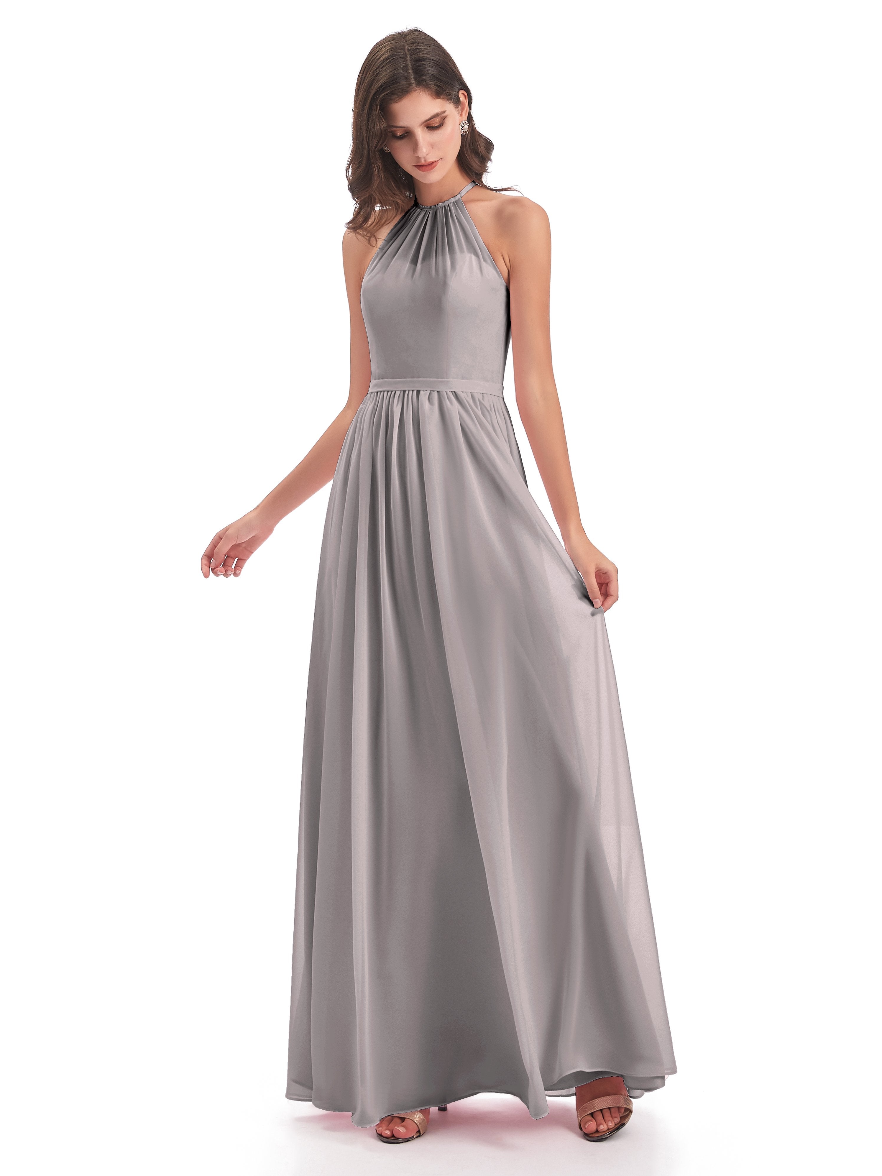 Silver Grey Bridesmaid Dresses Micah Dazzling Chiffon Halter Floor Len