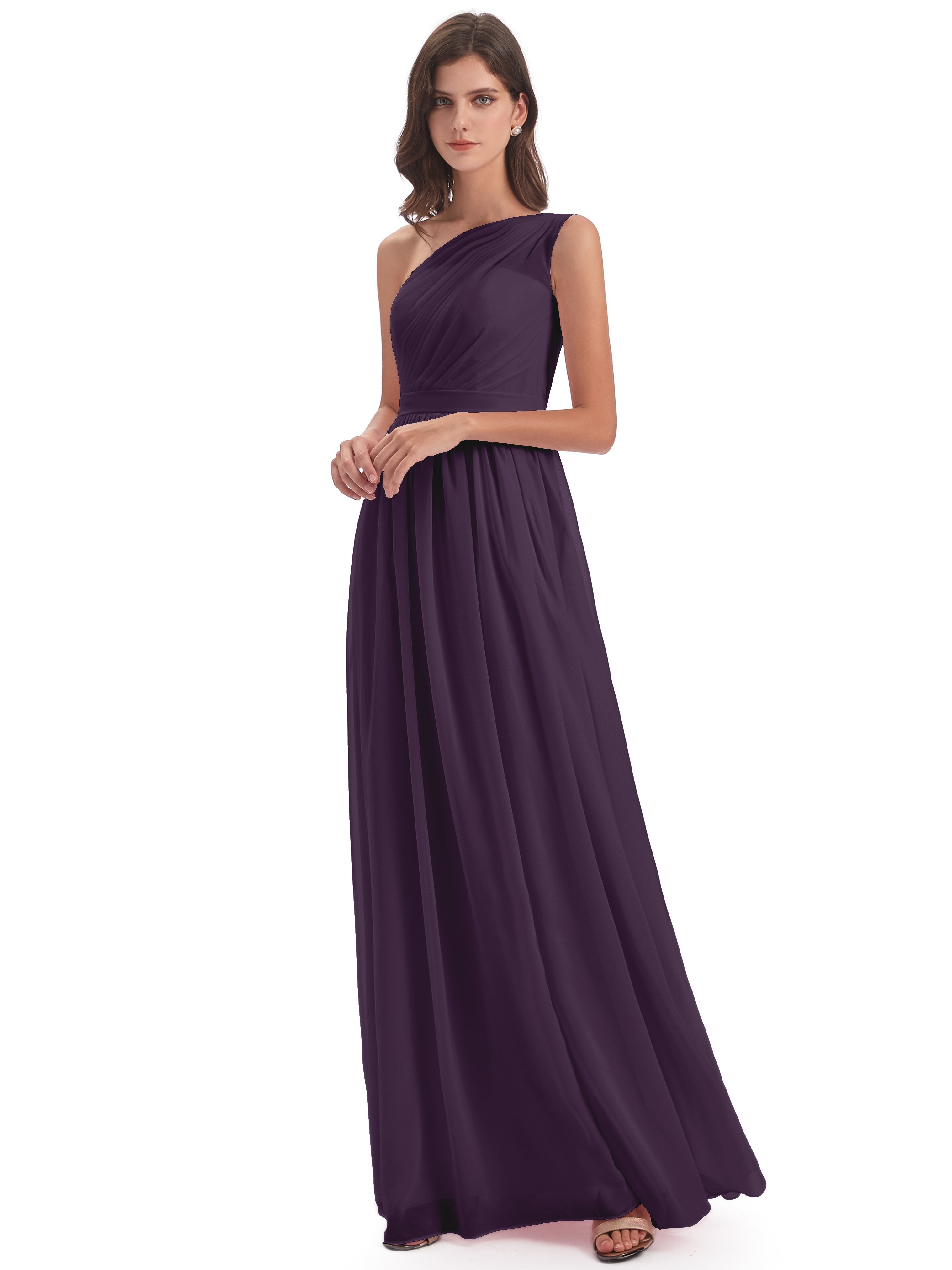 Dark Plum Bridesmaid Dresses One-Shoulder Floor-Length Chiffon Bridesm