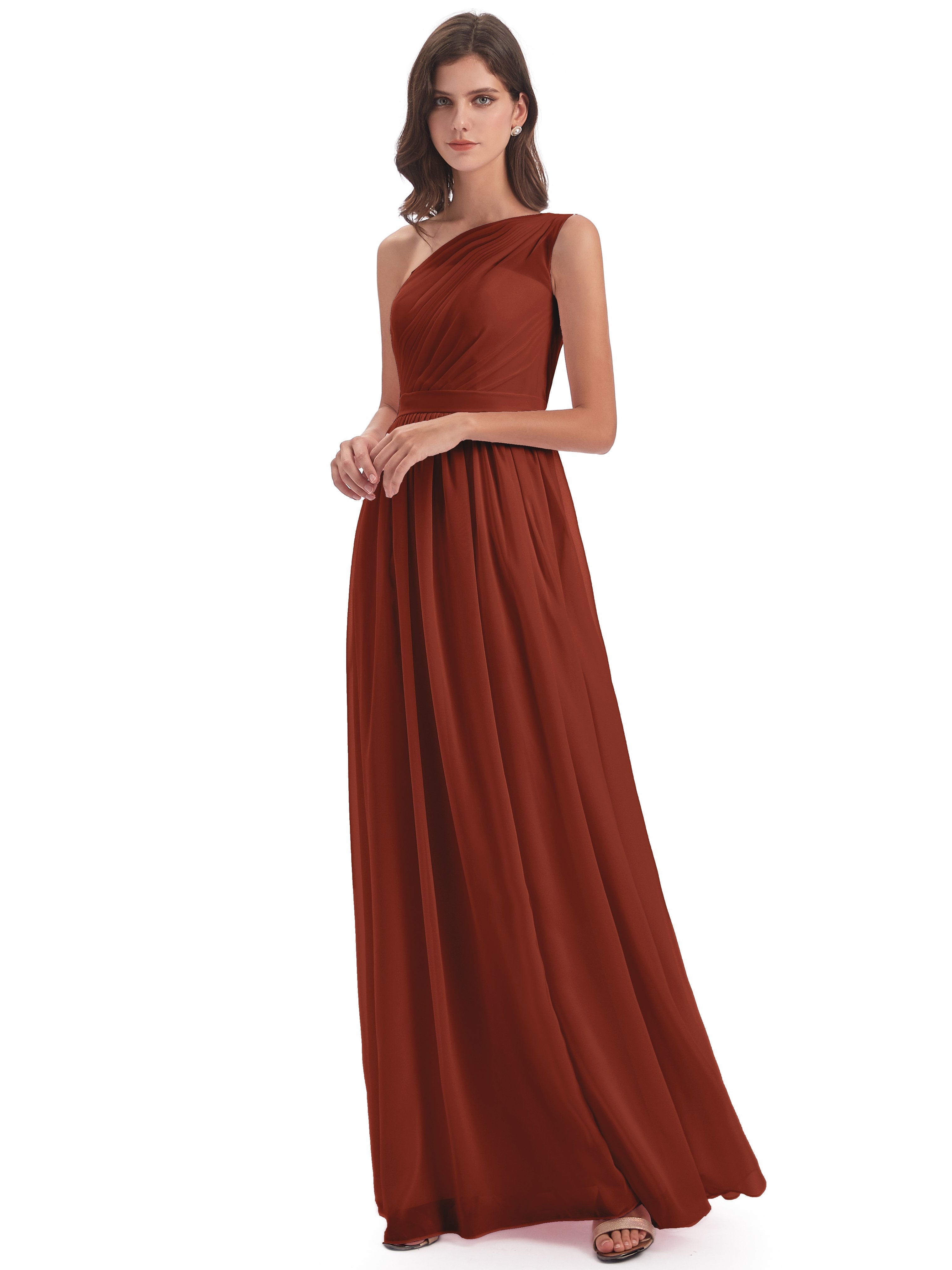 Light Rust Bridesmaid Dress One-Shoulder Floor-Length Chiffon Bridesma