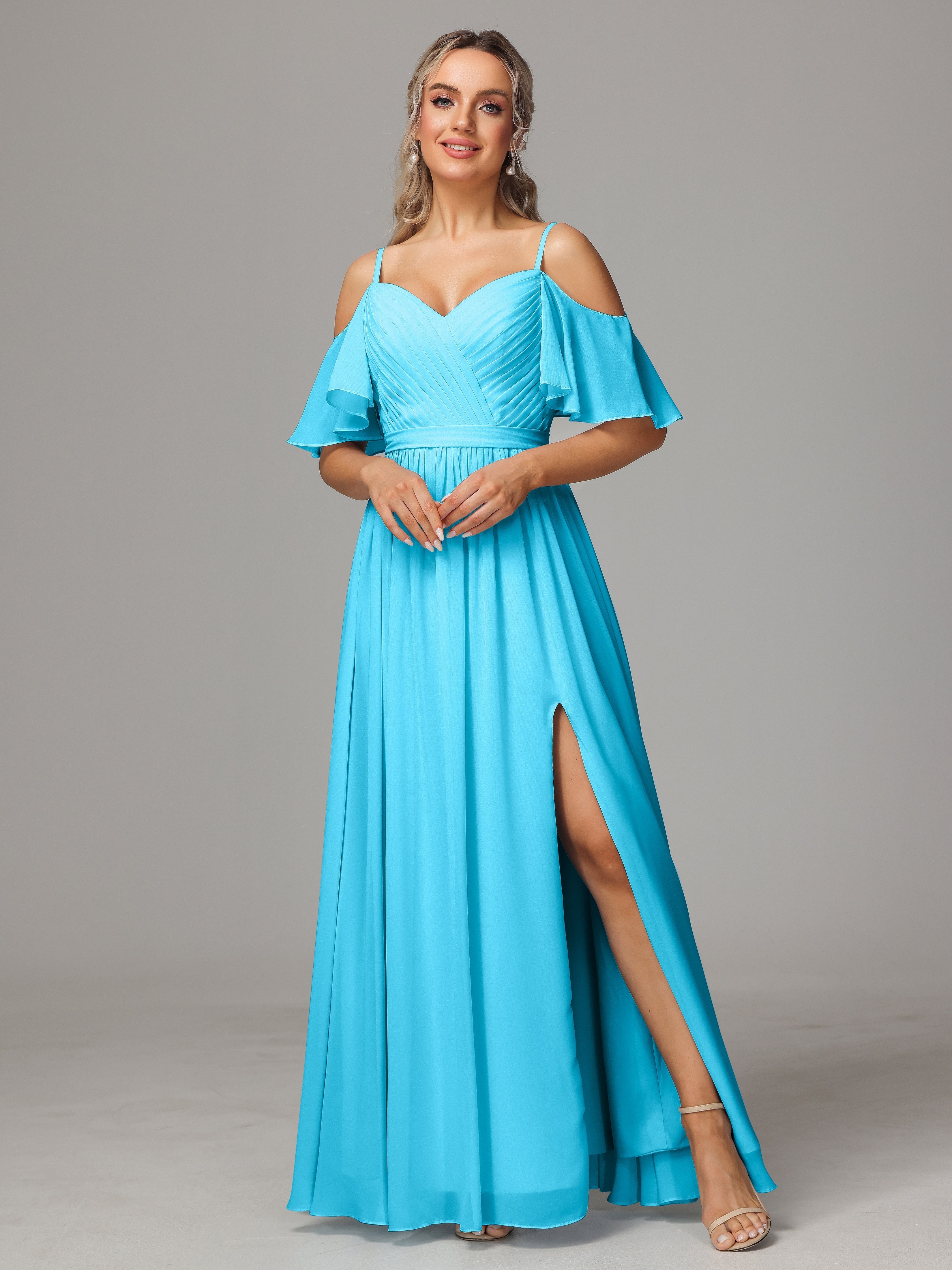 Pool Blue Bridesmaid Dresses Sweetheart Off The Shoulder Long Chiffon