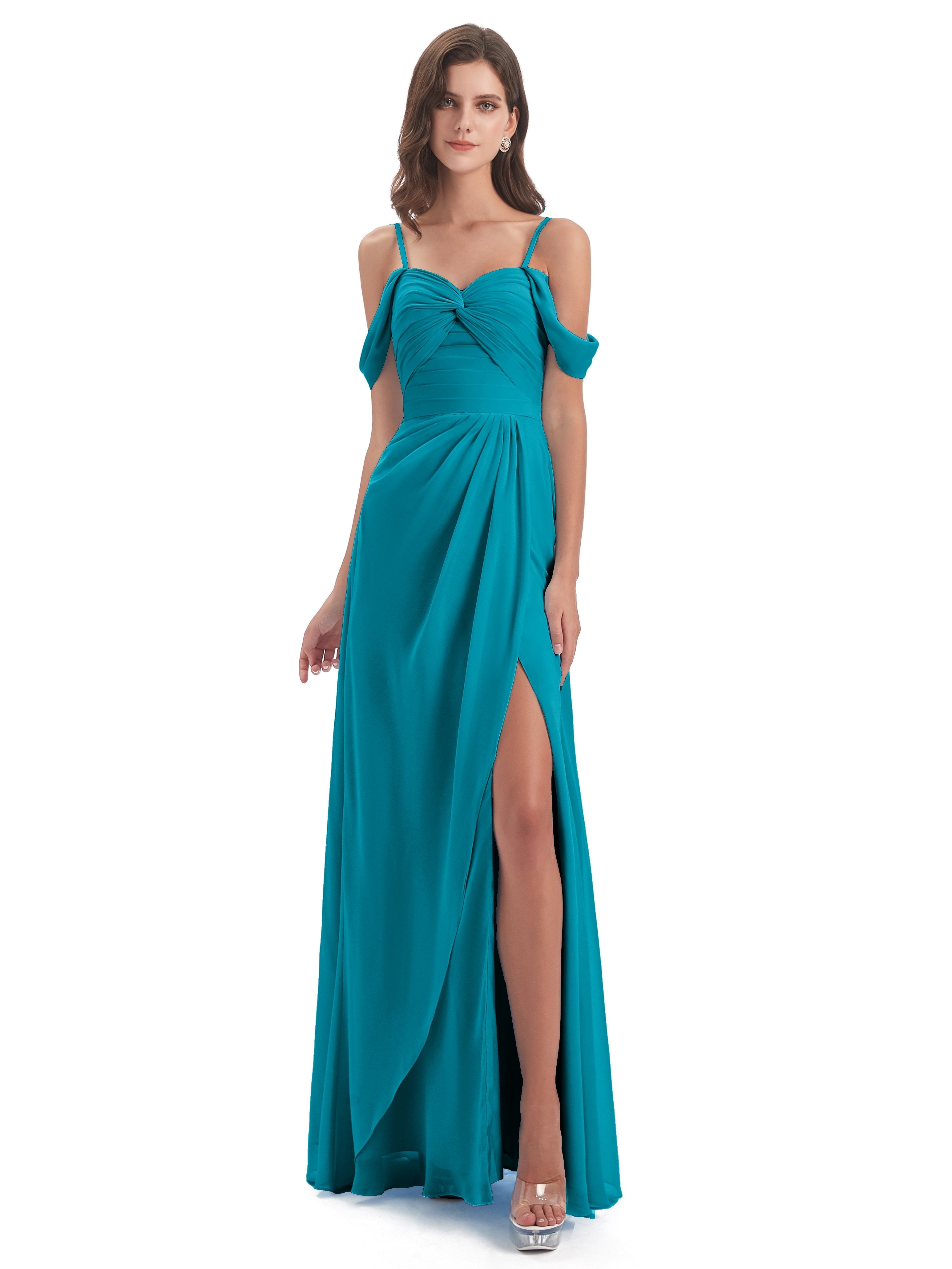 Jade Chiffon Bridesmaid Dresses Chiffon Elegant Spaghetti Straps Split