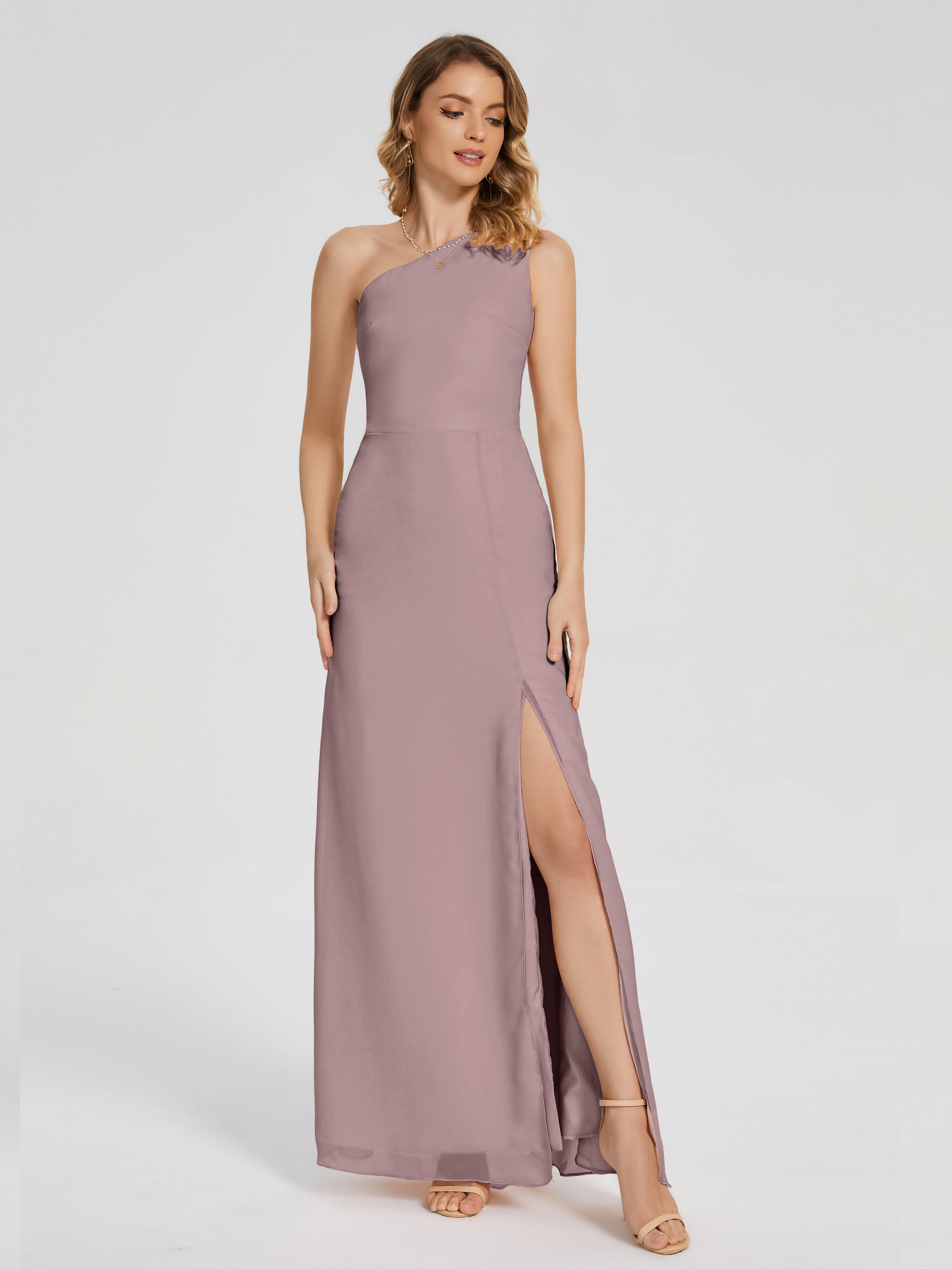 Vintage Mauve Bridesmaid Dress River Simple One Shoulder Split Chiffon