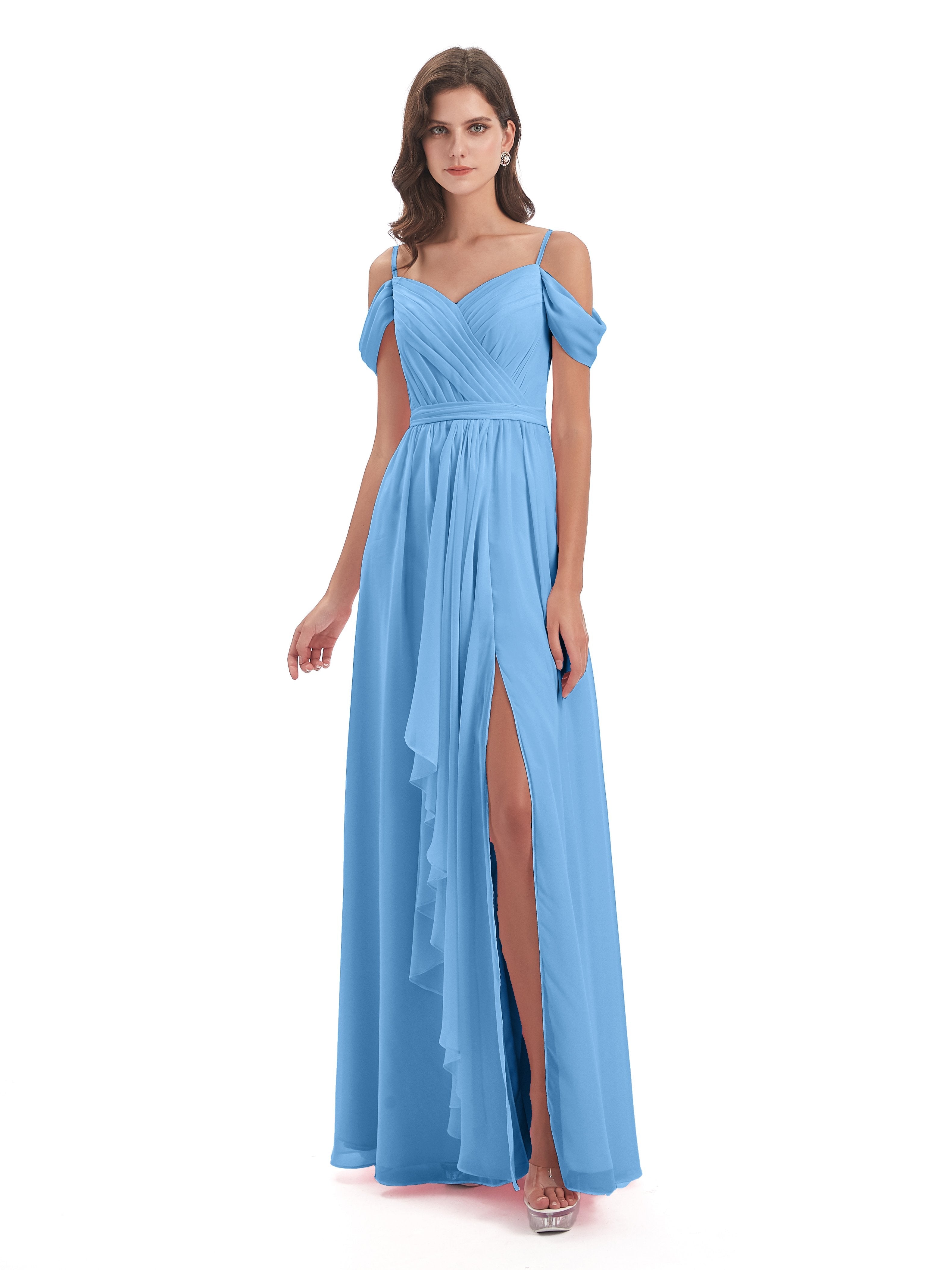 Bridesmaid Dresses Blue Affordable A-Line Split Long Chiffon Bridesmai