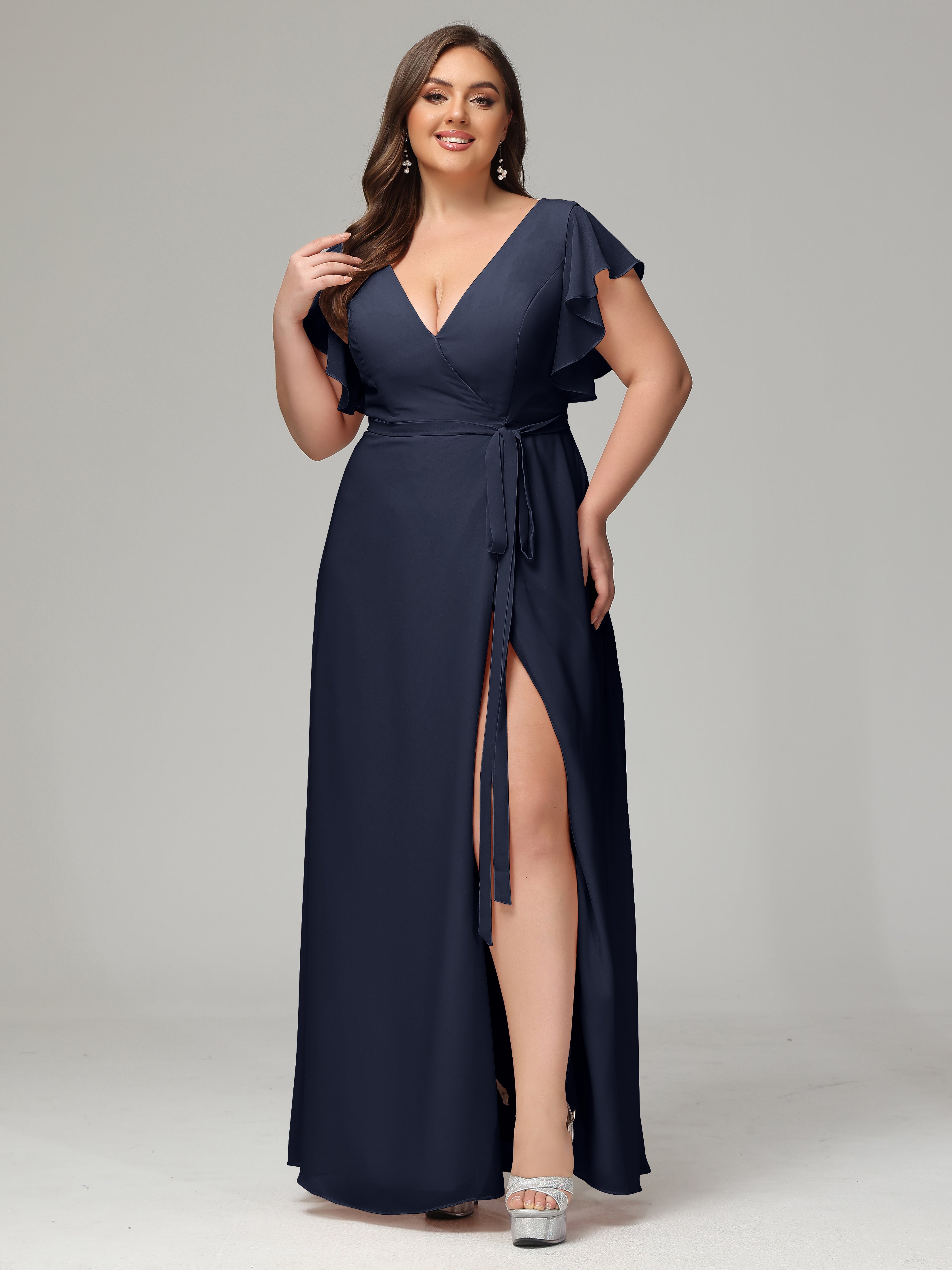 Dark Navy Bridesmaid Dresses Ruffles Sleeves Chiffon Plus Size Bridesm