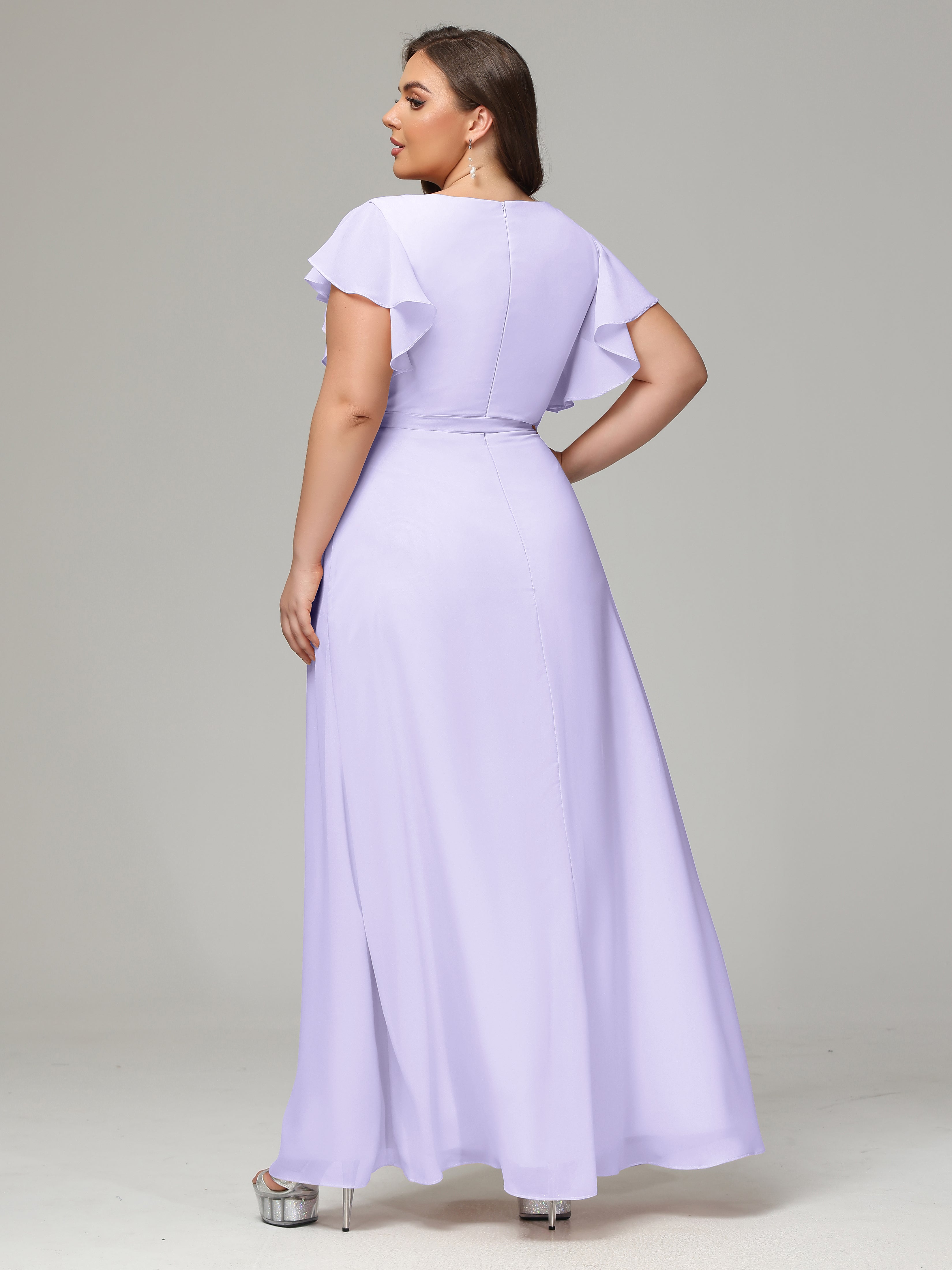 Plus Size Lilac Bridesmaid Dresses Ruffles Sleeves Chiffon Plus Size B