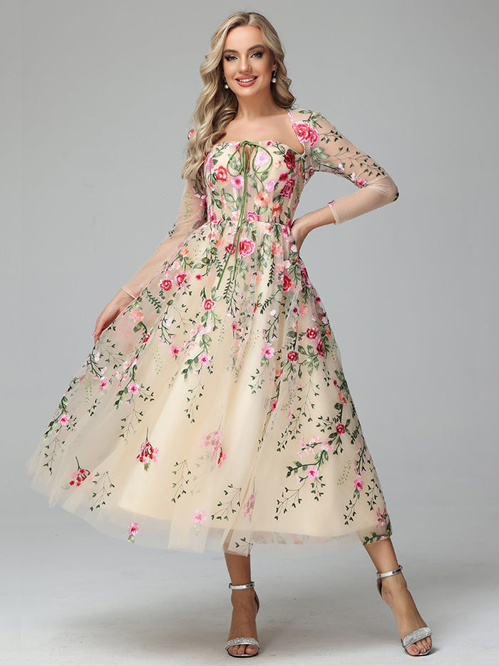 Cicinia Tea Length Strapless Zipper Long Sleeves Prom Dresses