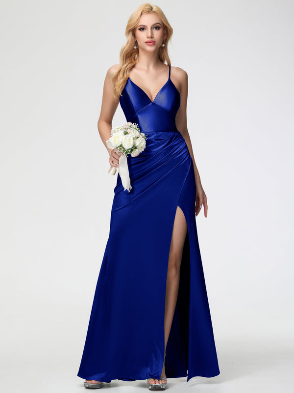 Royal Blue Satin Prom Dress Spaghetti Straps Pleats Stretch Satin Prom
