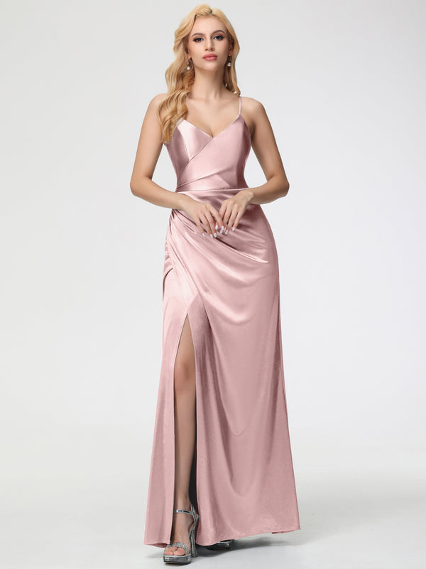 Satin Dusty Rose Prom Dress V-Neck Spaghetti Straps Pleats Split Long