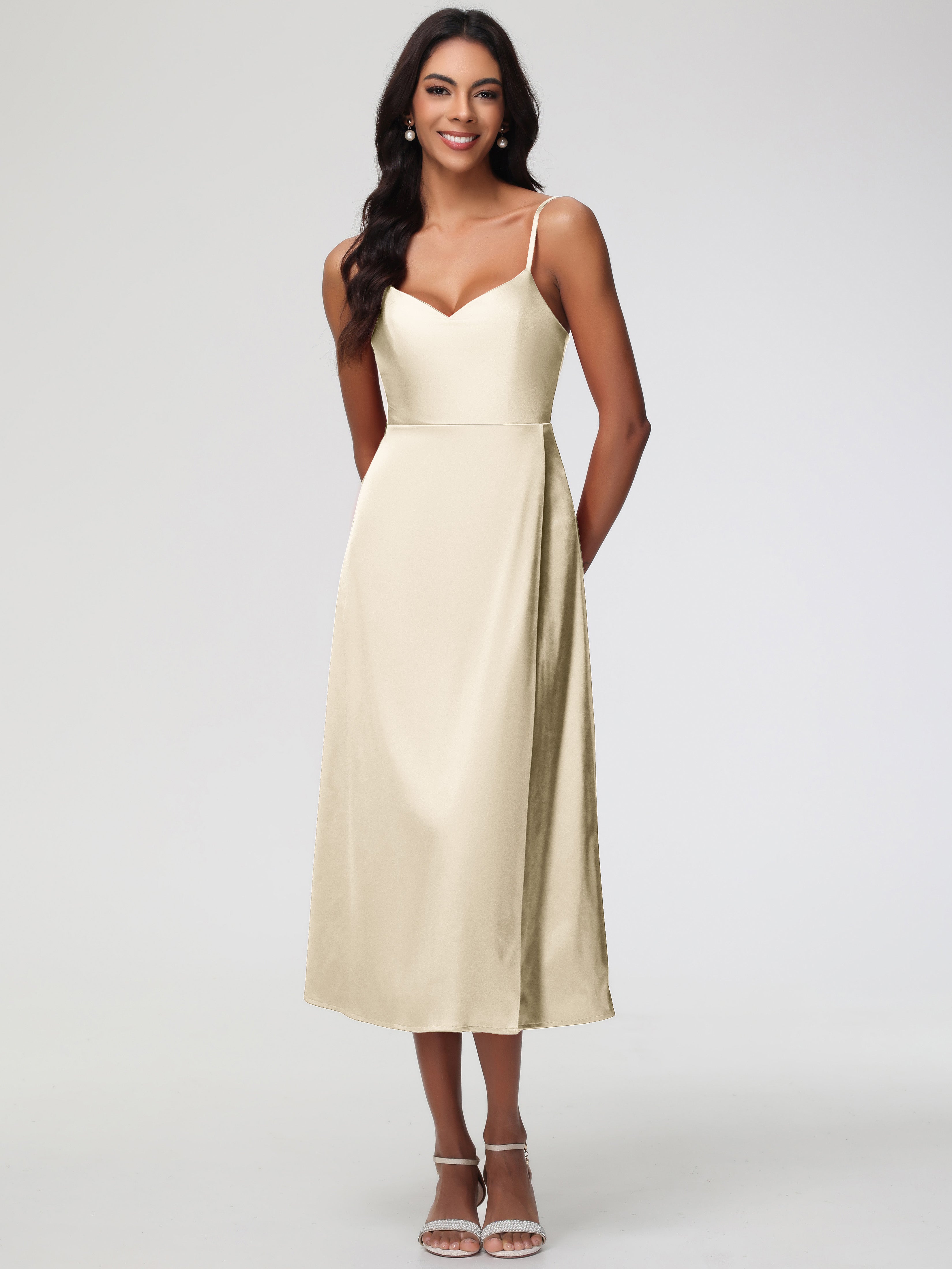 Prom Dress Champagne Spaghetti Straps Tea Length Back Zip Stretch Sati