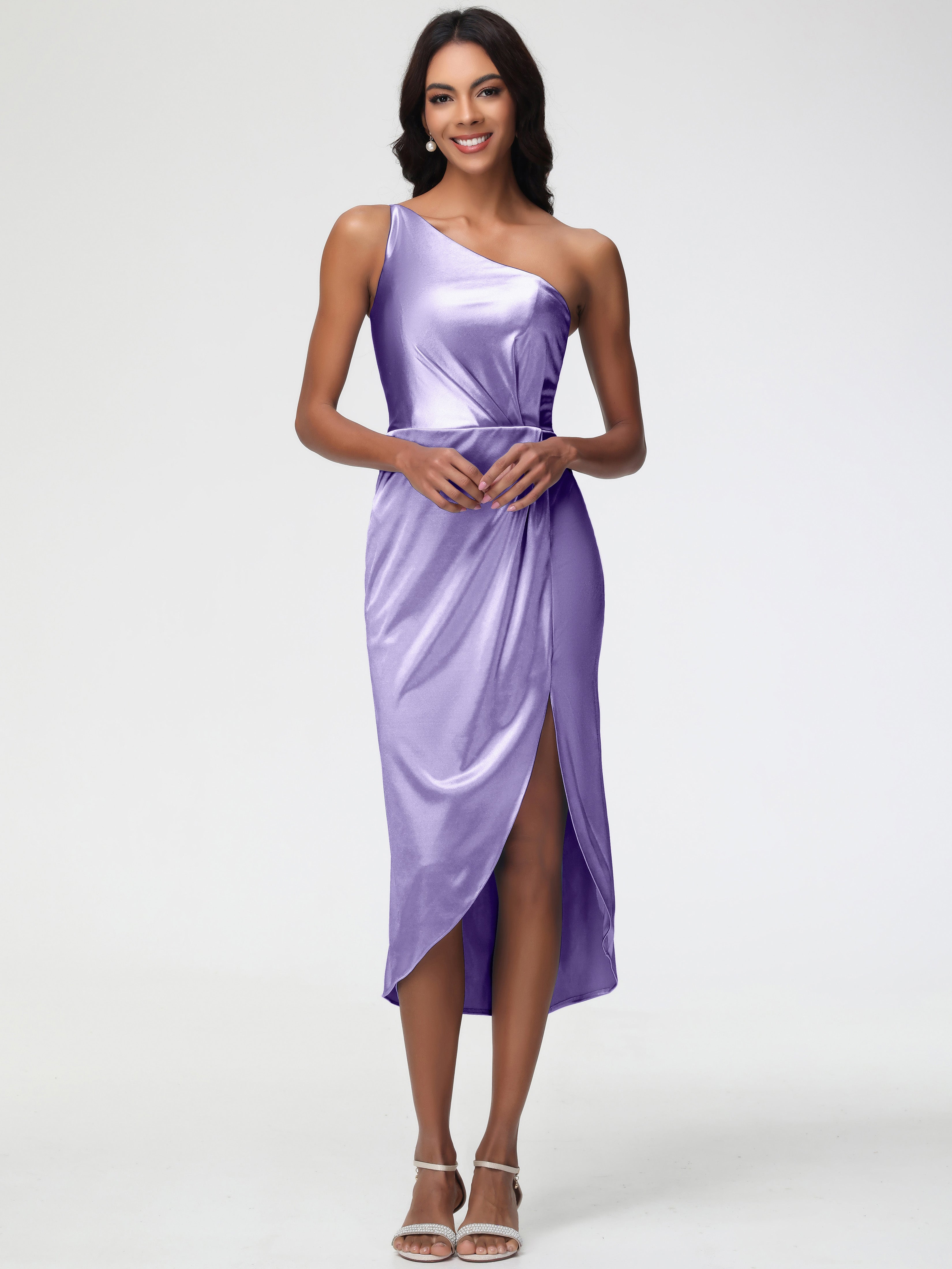 Tahiti Color Prom Dress Sleeveless Tea Length One Shoulder Sheath/Colu