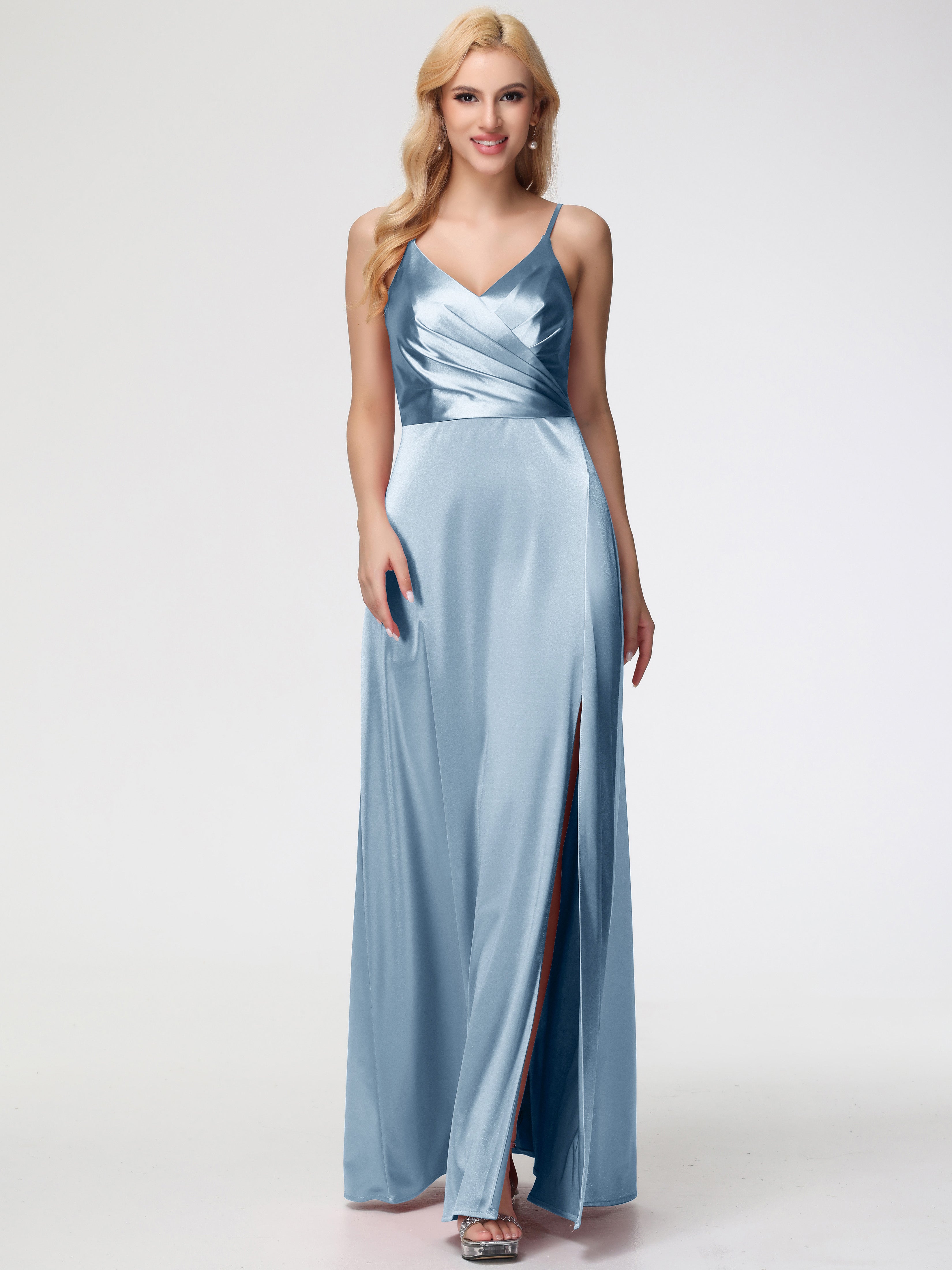 Prom Dusty Blue Dresses Spaghetti Straps A-Line V-Neck Pleats Stretch