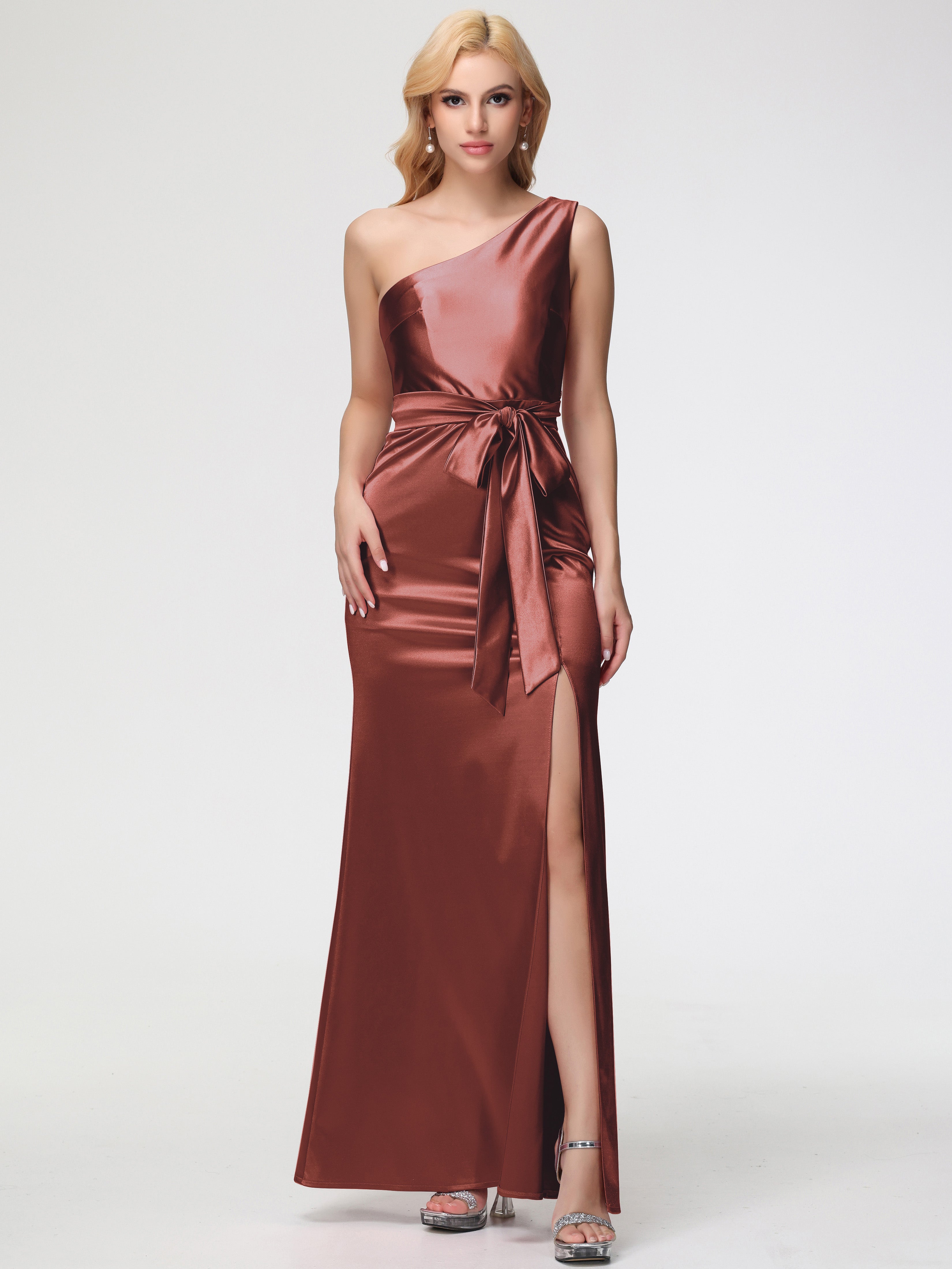 Satin Terracotta Bridesmaid Dress One Shoulder Trumpet/Mermaid Sleevel