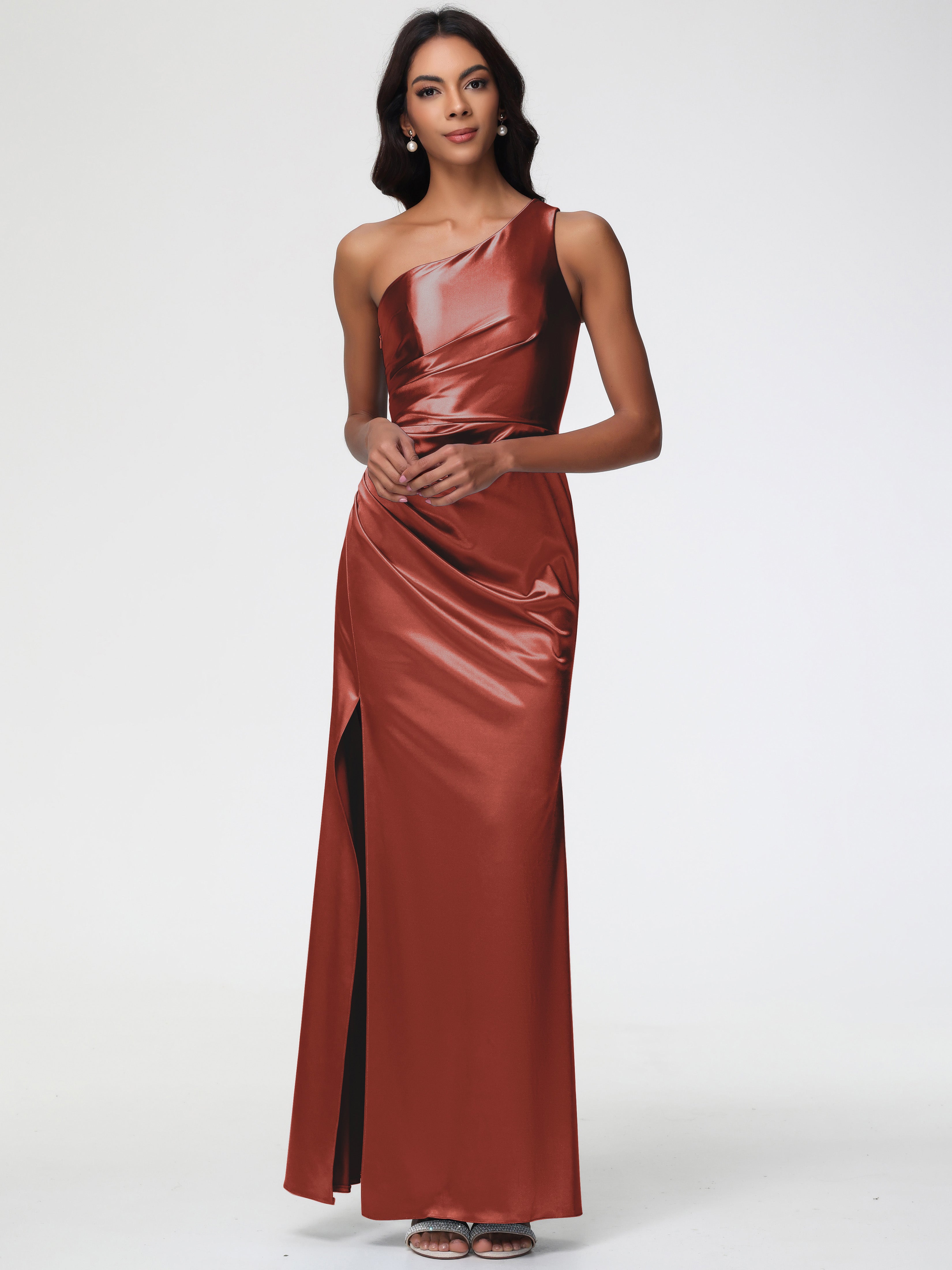 Rust Prom Dress One Shoulder Ruched Sleeveless Sheath/Column Floor Len