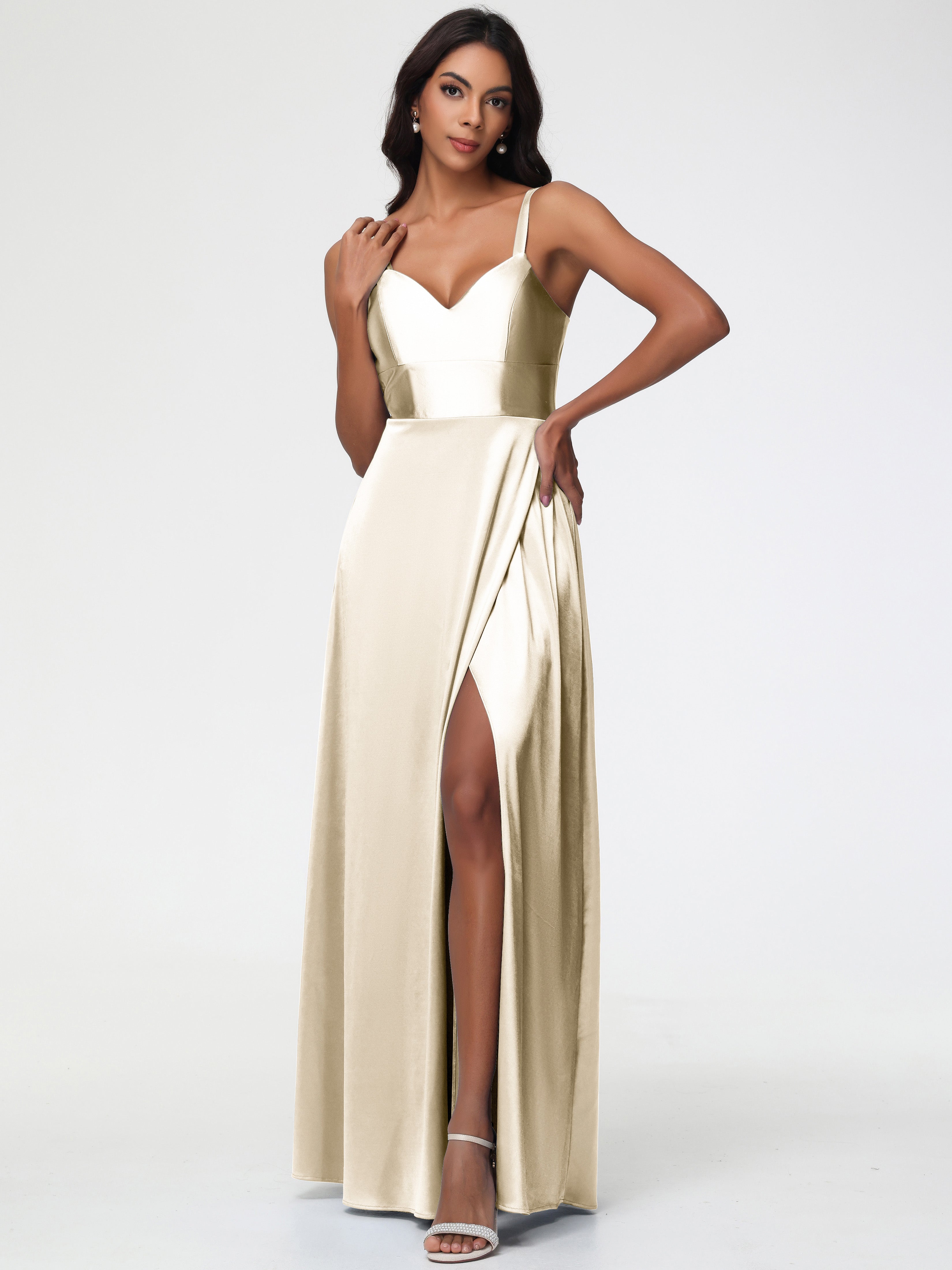 Prom Dresses Champagne A-Line V-Neck Straps Long Stretch Satin Prom Dr