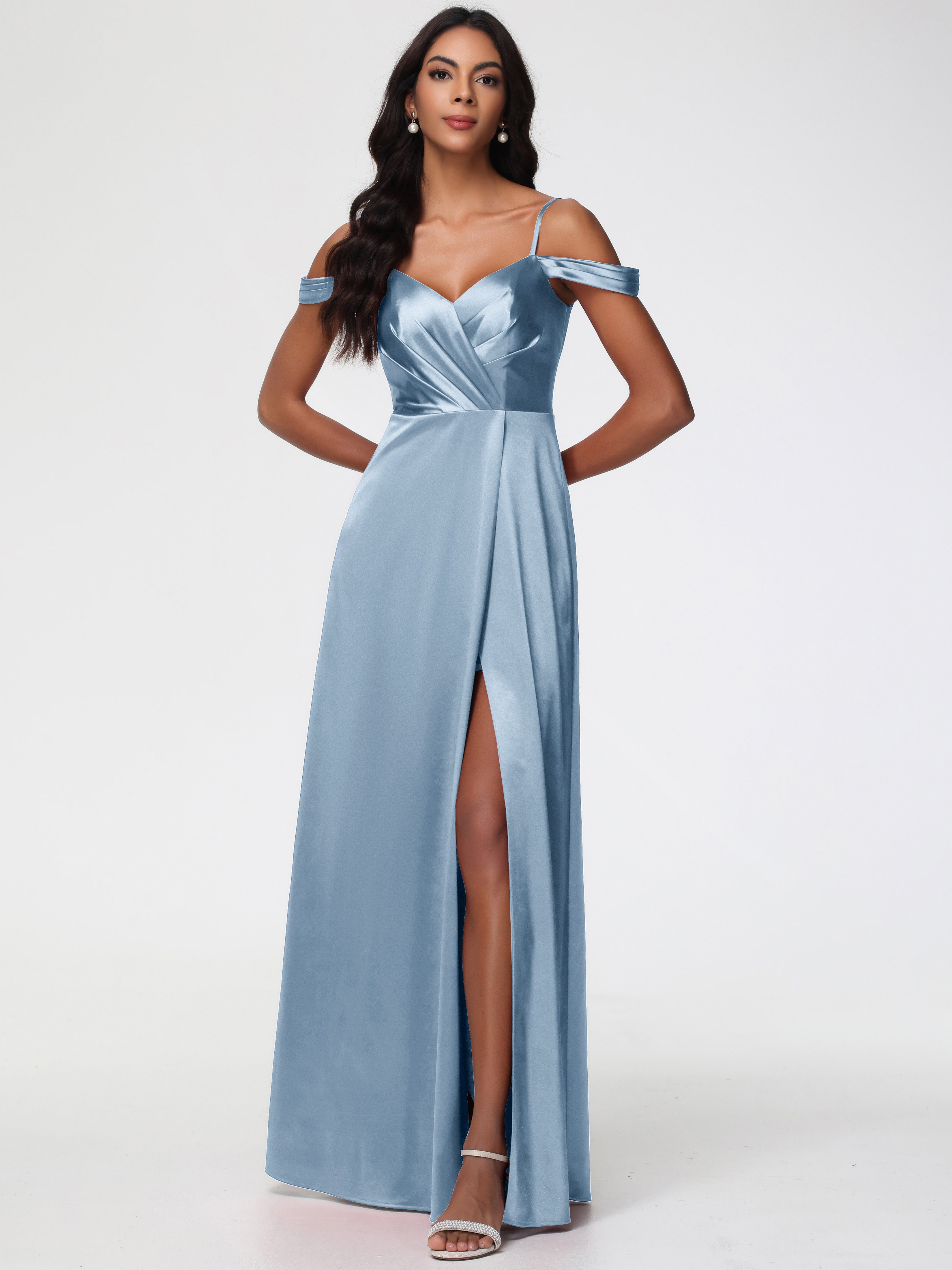 Prom Dresses Dusty Blue A-Line V-Neck Off The Shoulder Long Stretch Sa