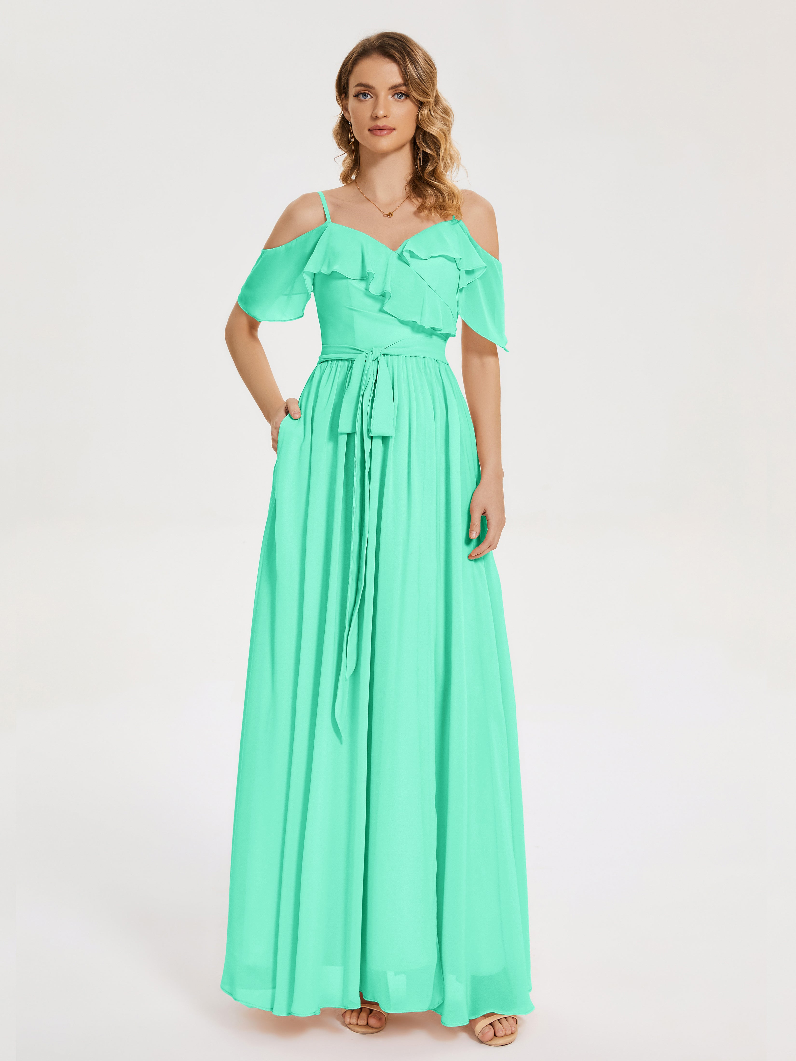 Turquoise Bridesmaid Dresses With Sleeves Thea Drape Sleeves Chiffon B
