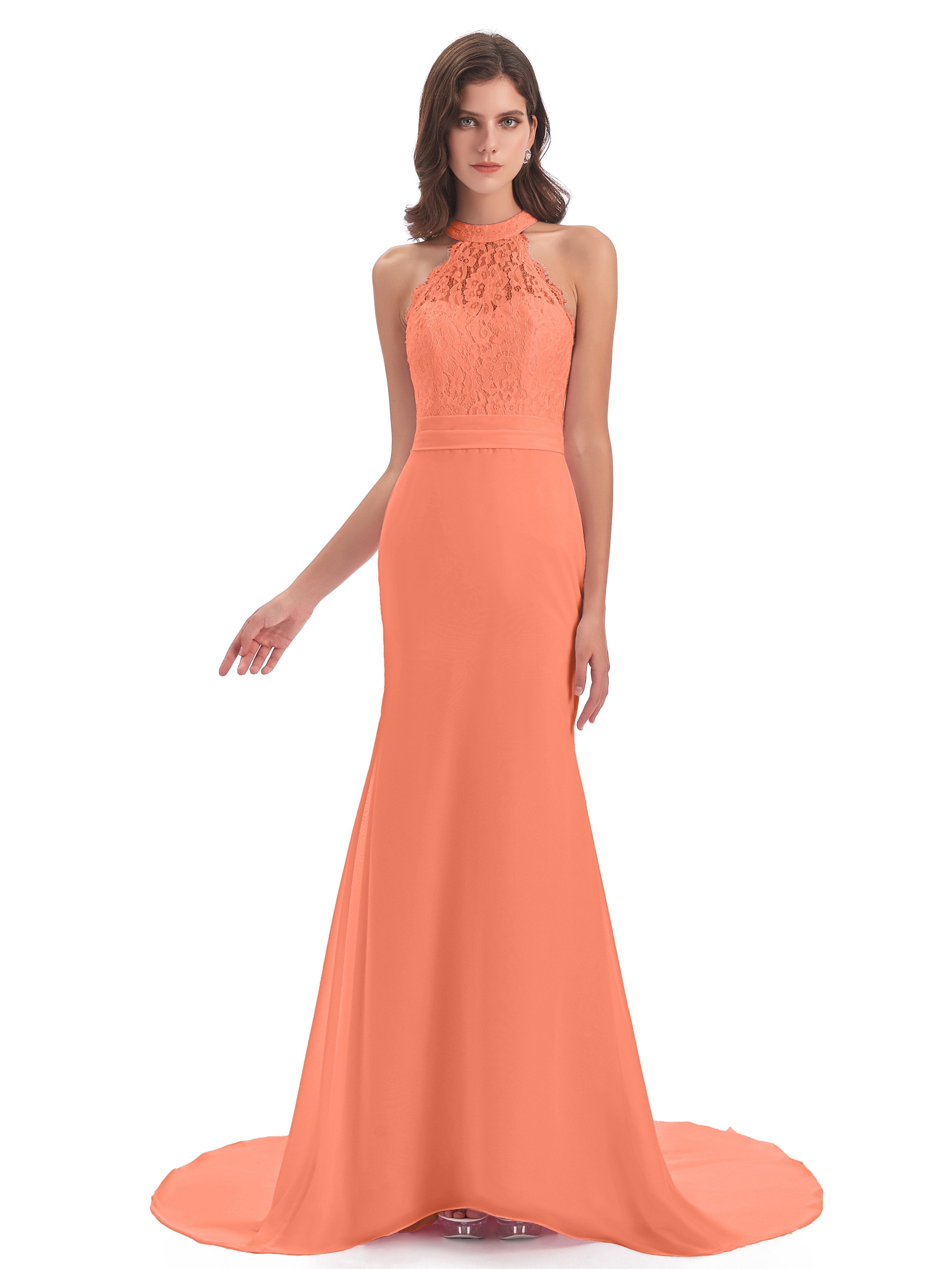 Sunset Orange Bridesmaid Dresses Violet Gorgeous Halter Trumpet-Mermai