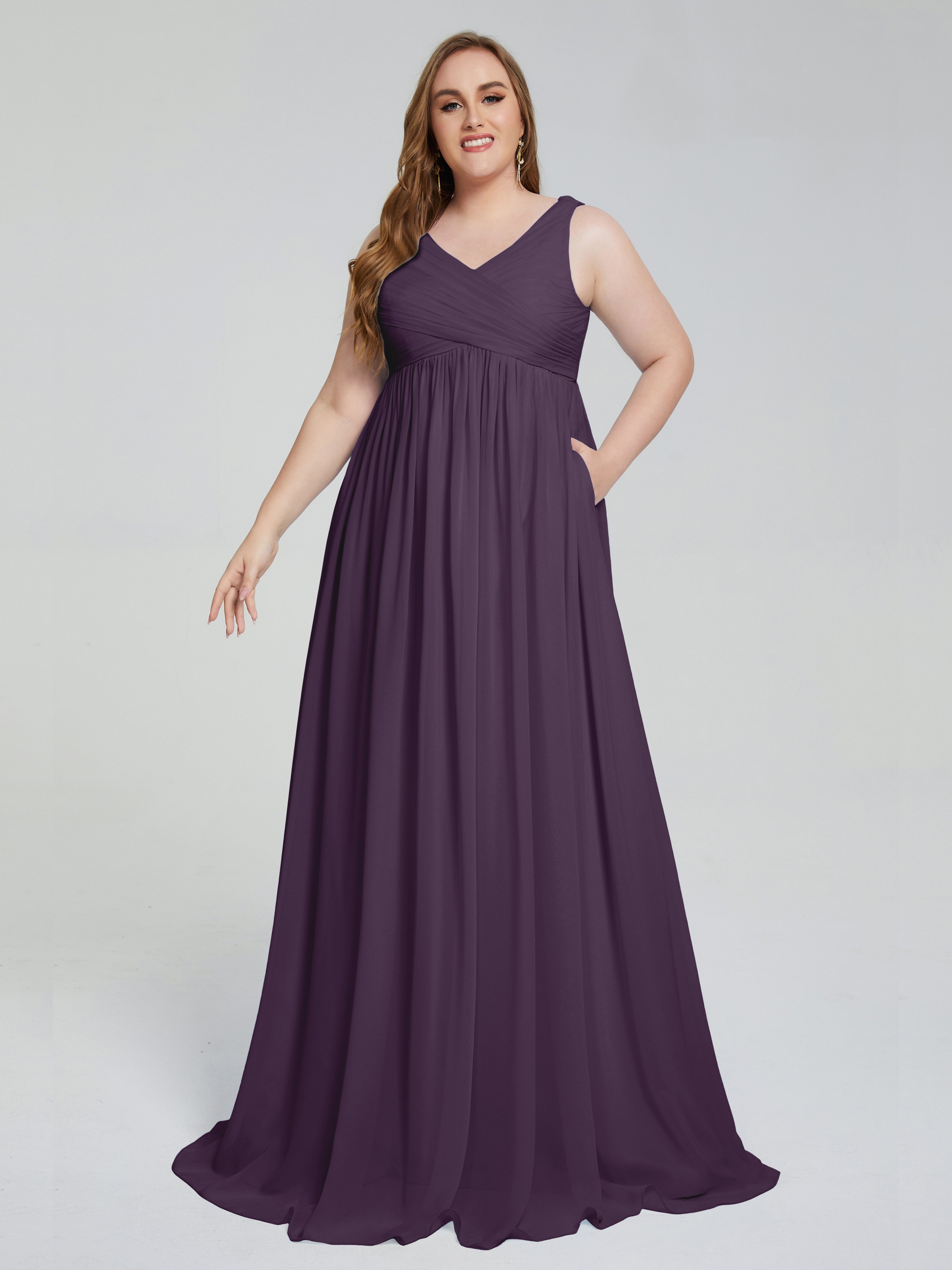 Plum Bridesmaid Dress Angelina Modest Straps V-Neck Plus Size Bridesma