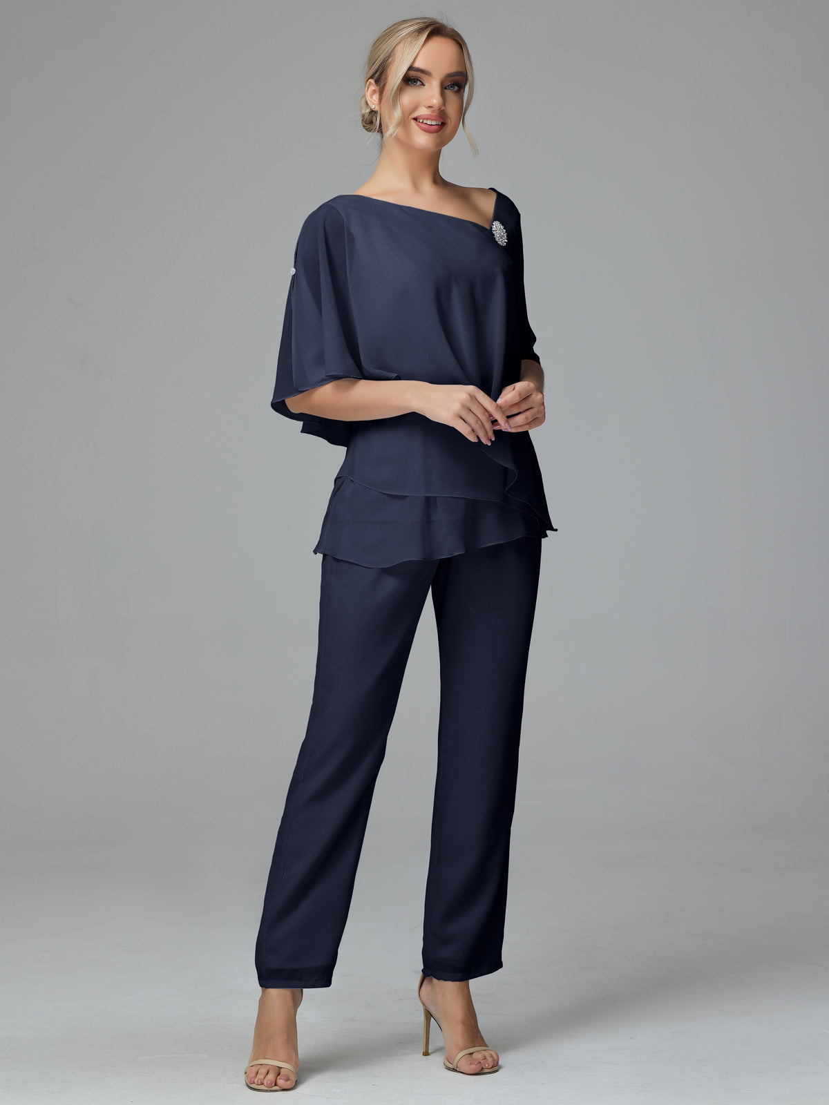 Half Sleeves Chiffon Mother of the Bride Dress Pant Suits With Beading