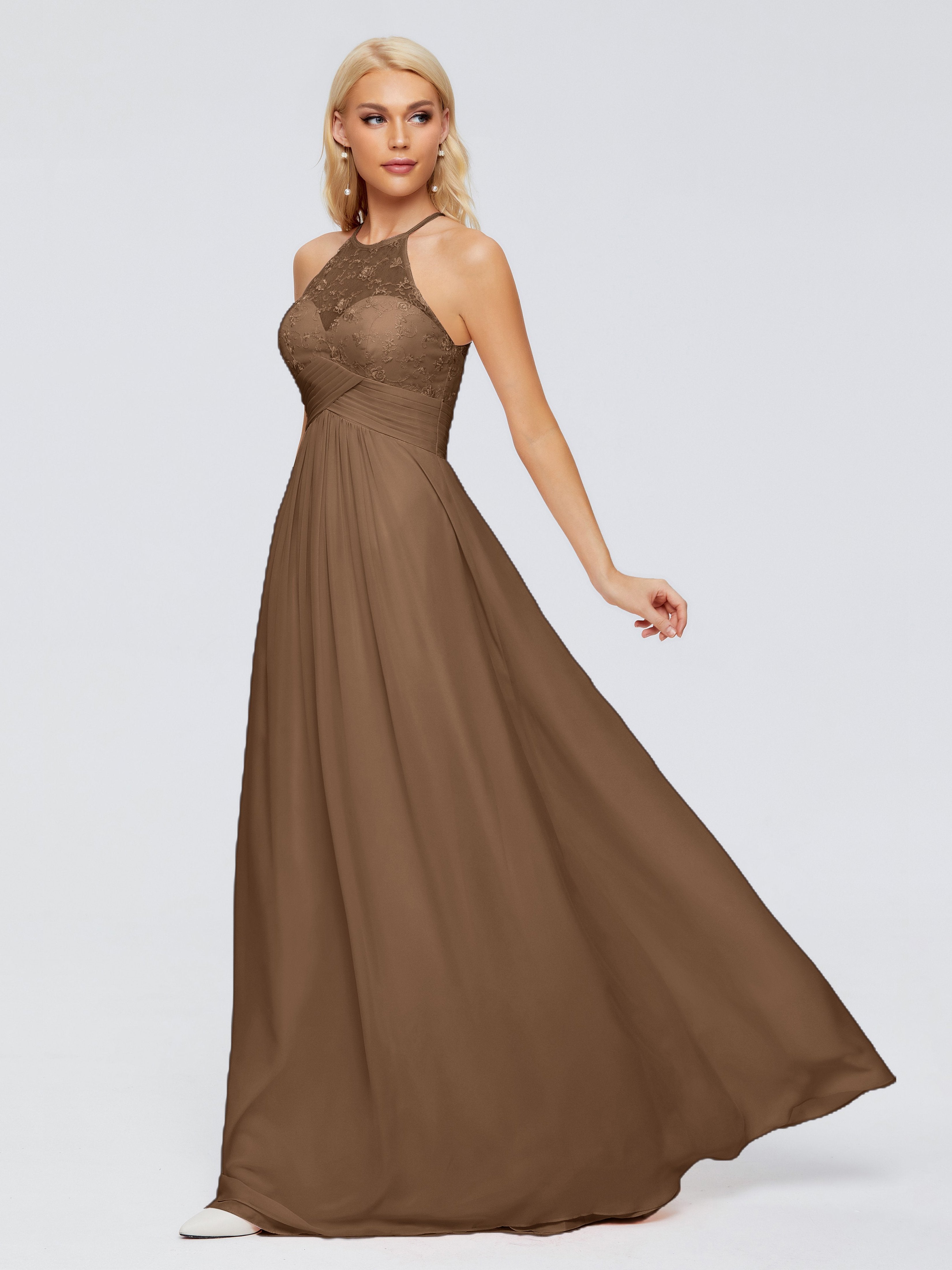 Brown Chiffon Bridesmaid Dress Isabel Attractive Halter Pleated Chiffo