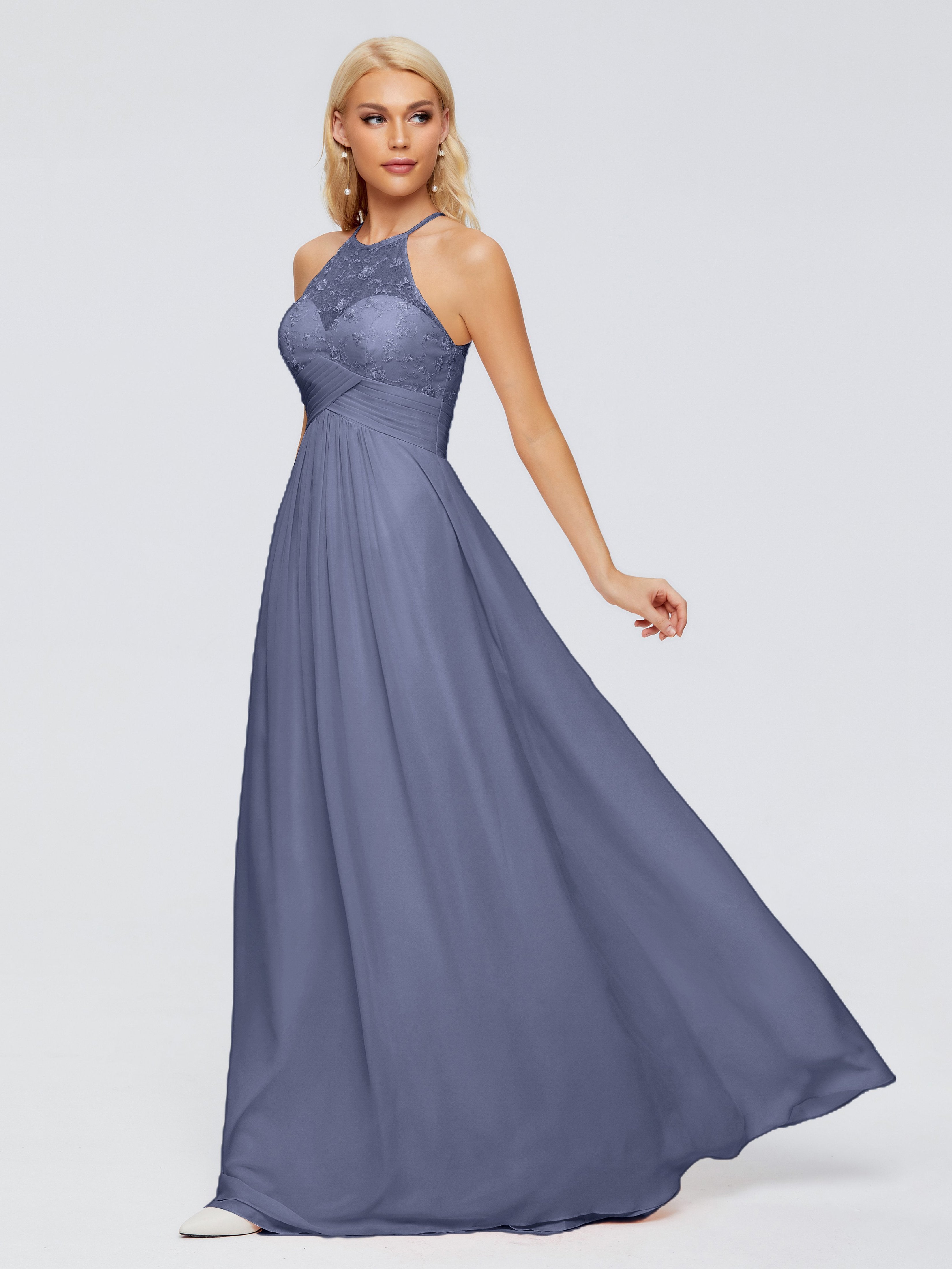 Stormy Color Bridesmaid Dresses Isabel Attractive Halter Pleated Chiff