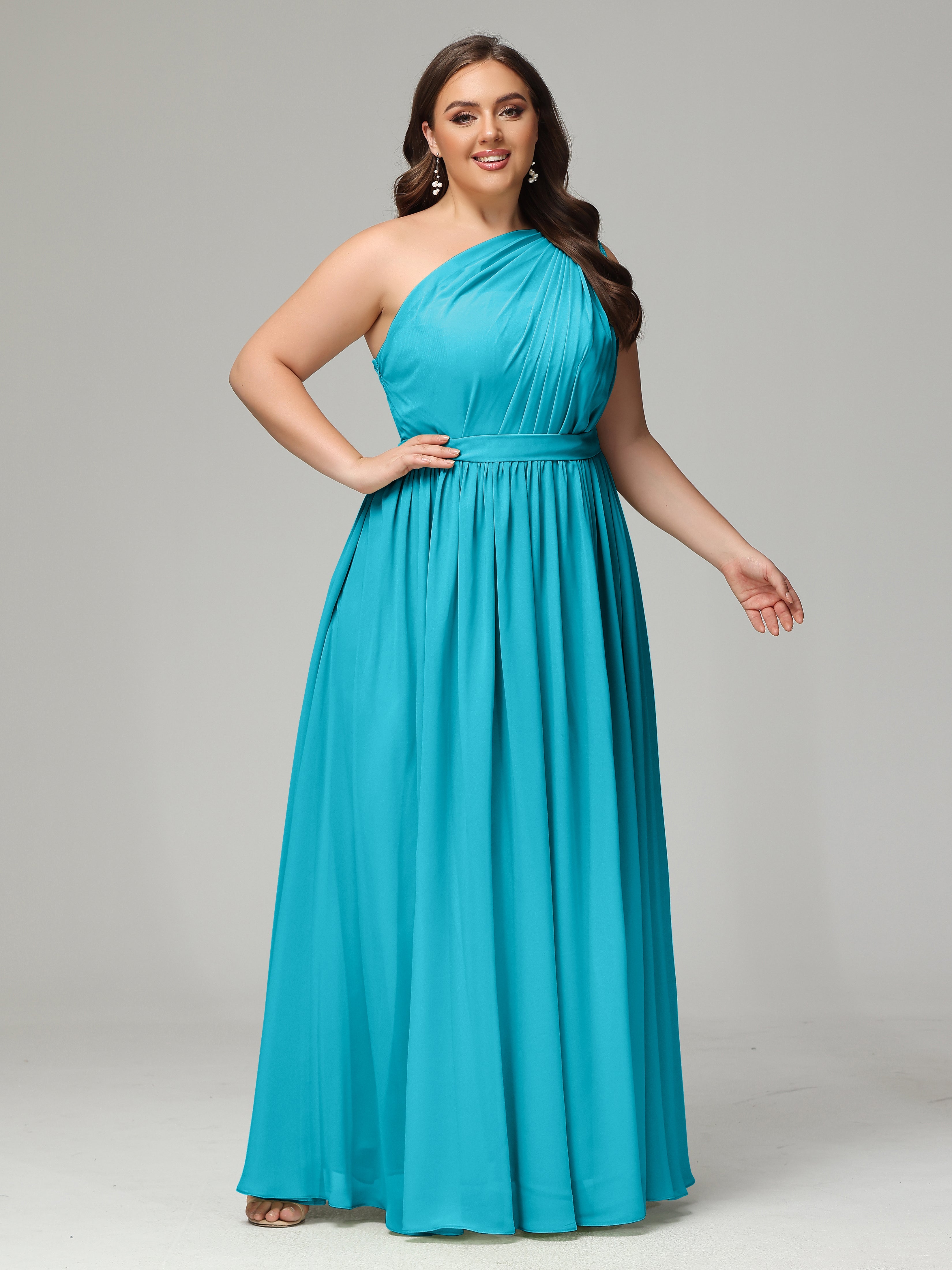 Jade Green Bridesmaid Dresses One Shoulder Sash Chiffon Plus Size Brid