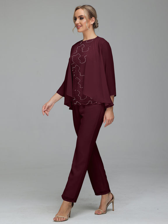 3 Pieces Chiffon Mother of Bride Dress Pant Suits | Cicinia