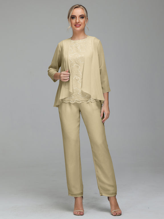 3 Pieces Chiffon Mother of Bride Dress Pant Suits | Cicinia