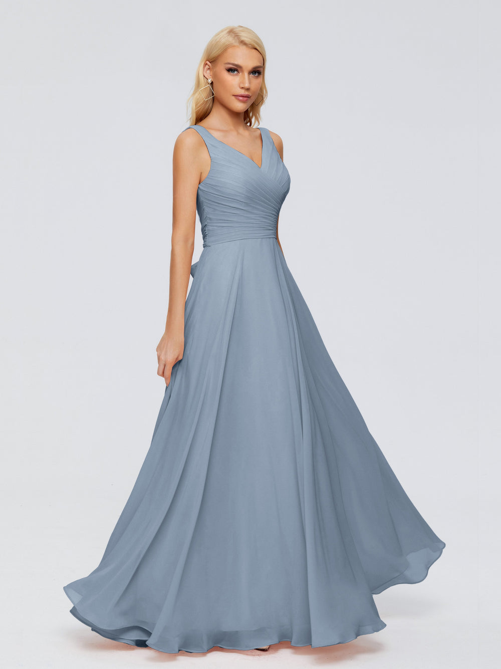 Dusty Blue Bridesmaid Ryleigh Flowy Chiffon Bridesmaid Dresses With Bo