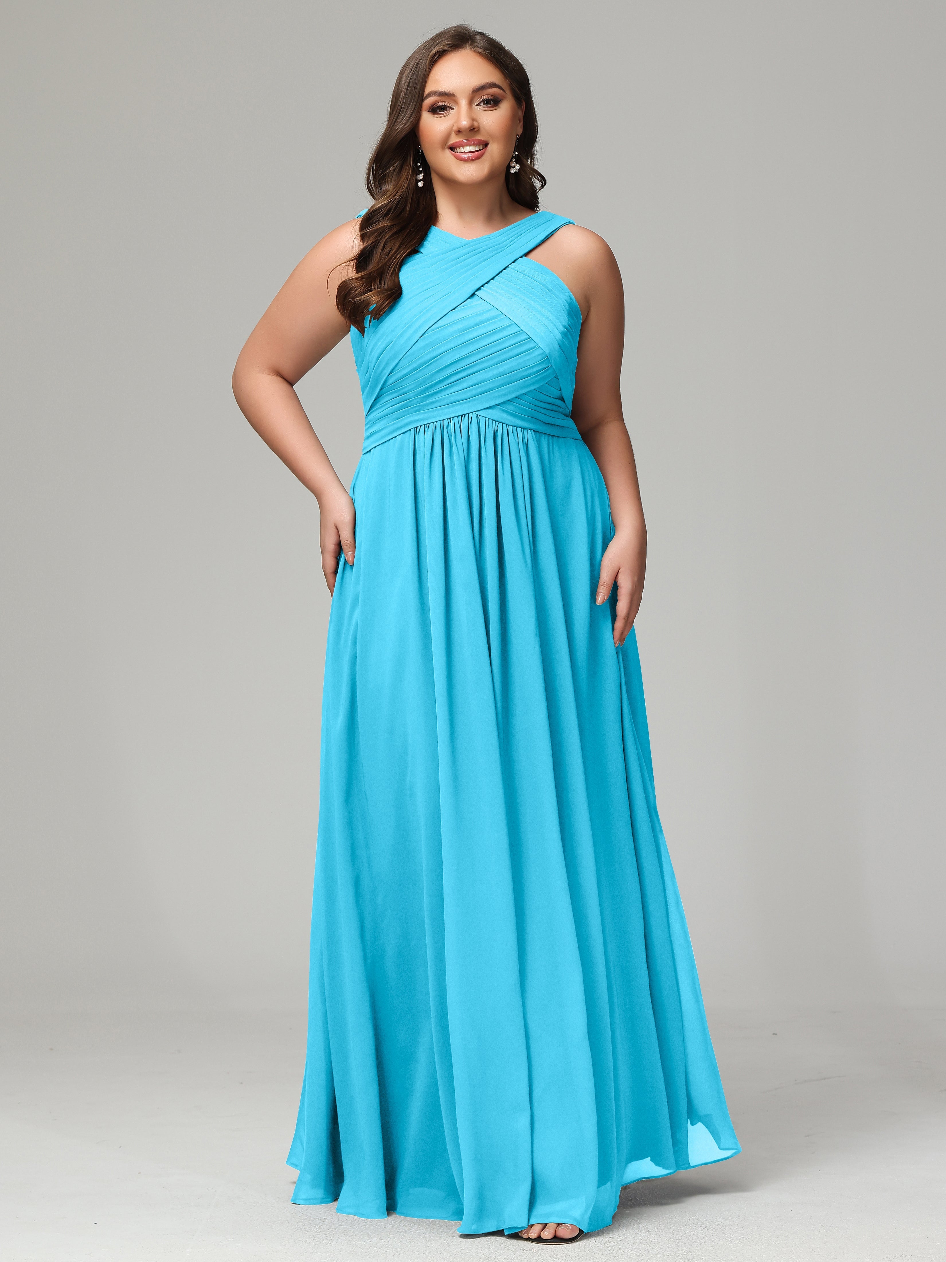 Pool Blue Bridesmaid Dresses Straps Pleats Chiffon Plus Size Bridesmai