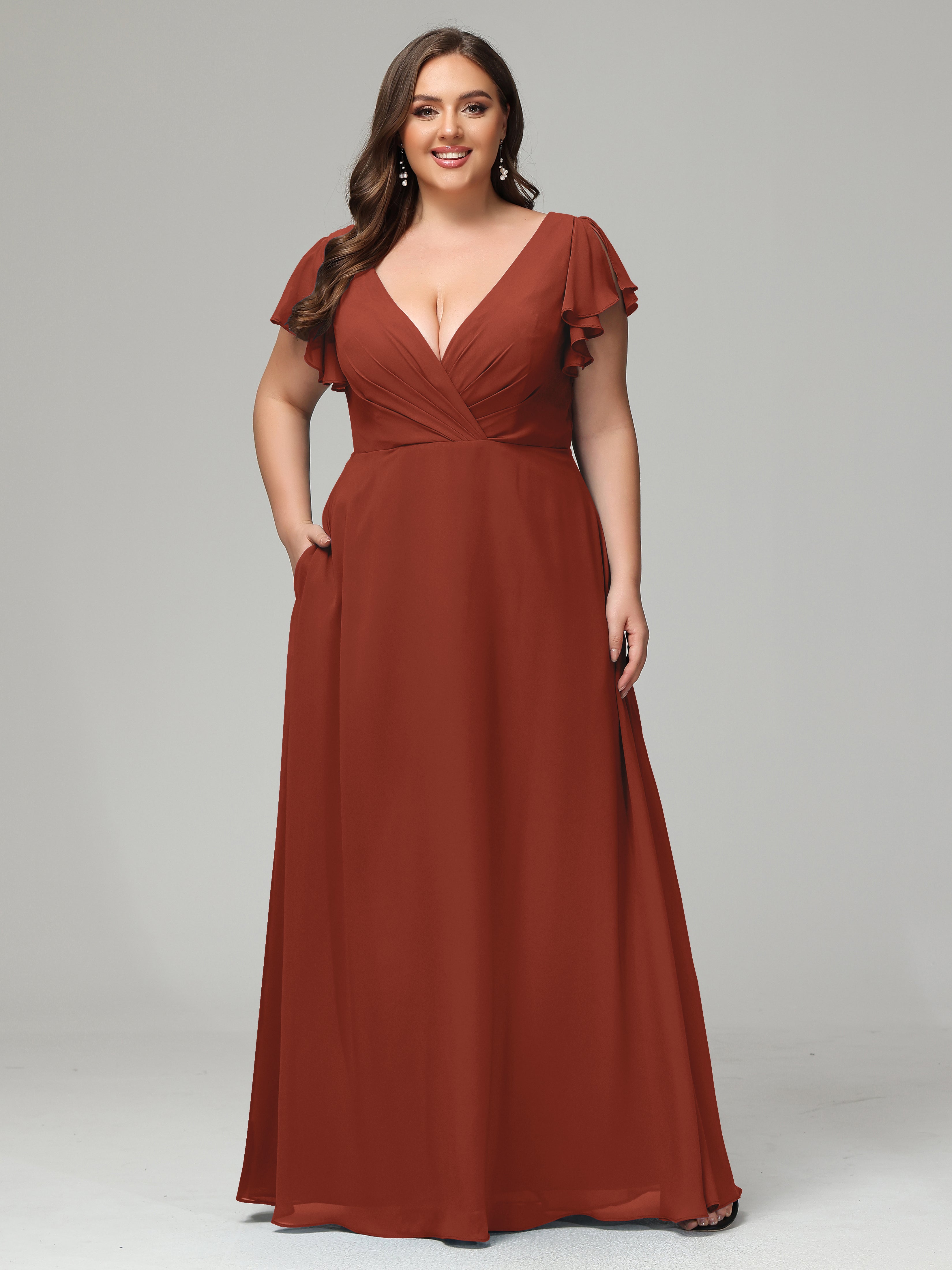 Rust Red Bridesmaid Dresses V Neck Chiffon Plus Size Bridesmaid Dresse