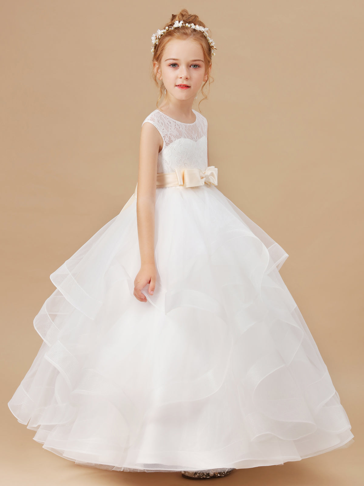 Tulle Ruffled Satin Flower Girl Dresses With Bow